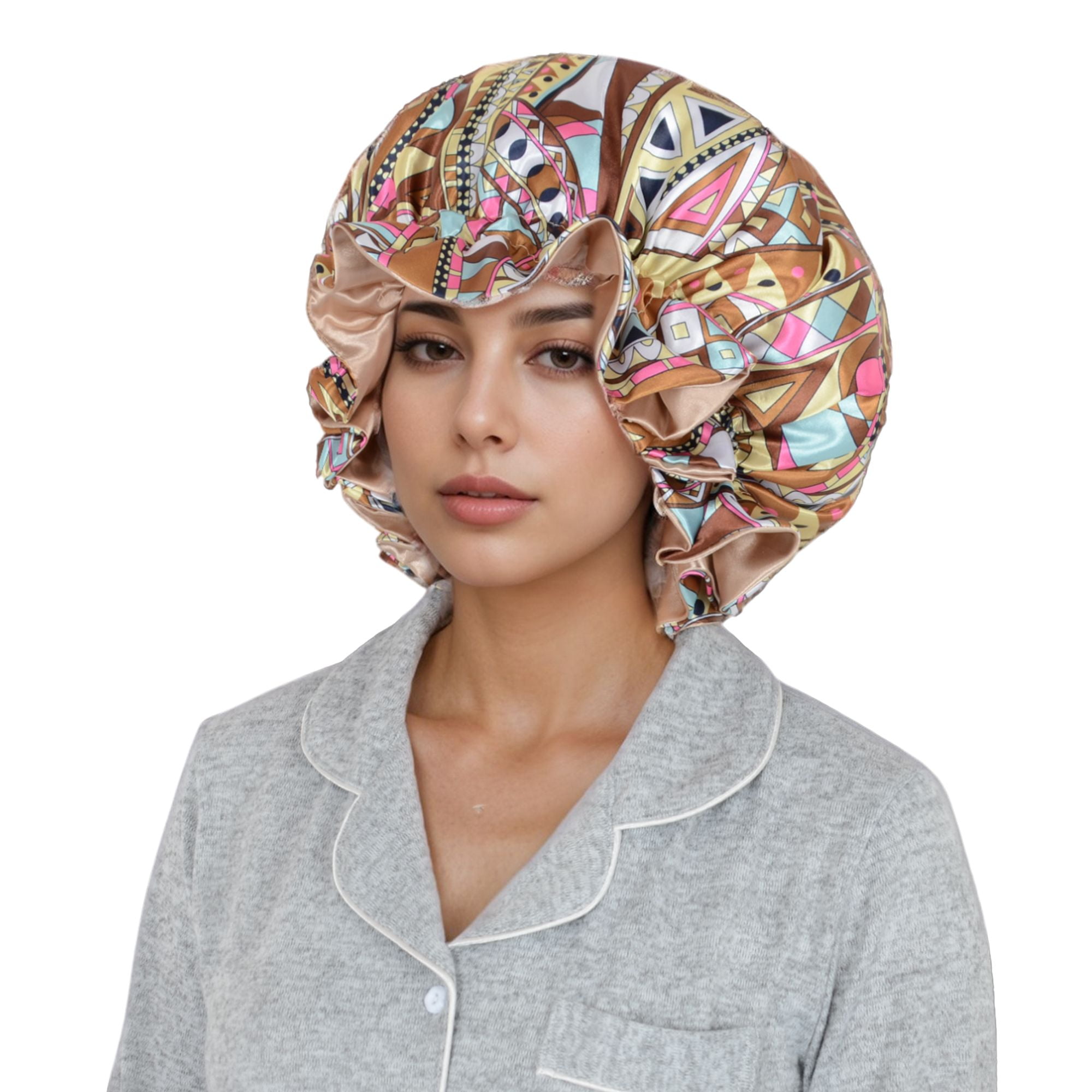 Satin Lined Print Bonnet Large Ruffled Edge Adjustable Sleep Cap for ...