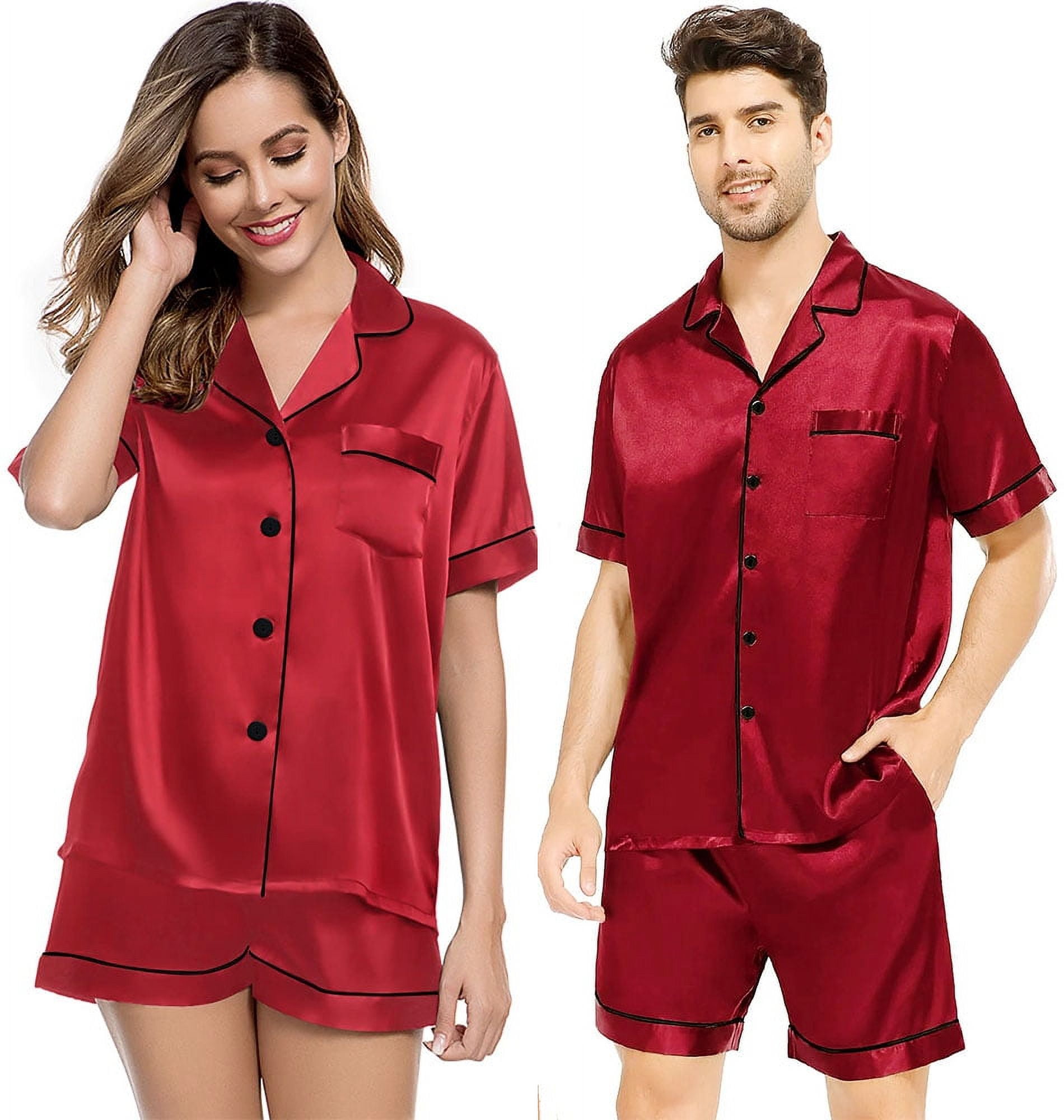 Satin Matching Pajamas Sets Couple Silk Button Down Nightwear Short ...