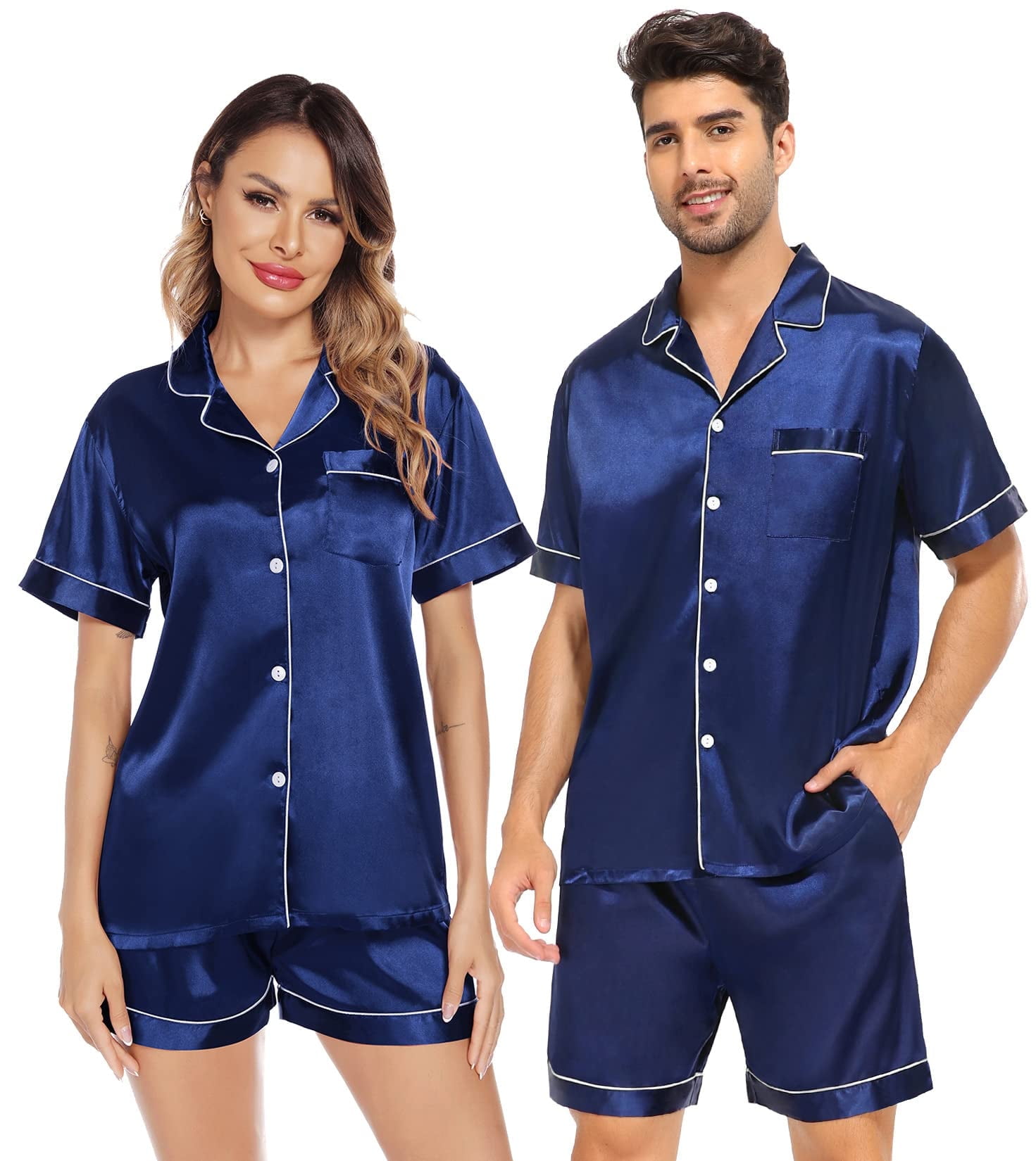 Satin Matching Pajamas Sets Couple Silk Button Down Nightwear Short ...