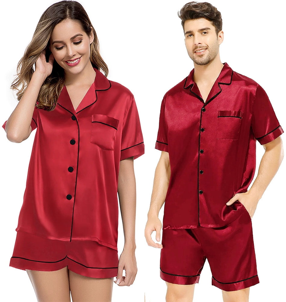 Satin Matching Pajamas Sets Couple Silk Button Down Nightwear Short ...
