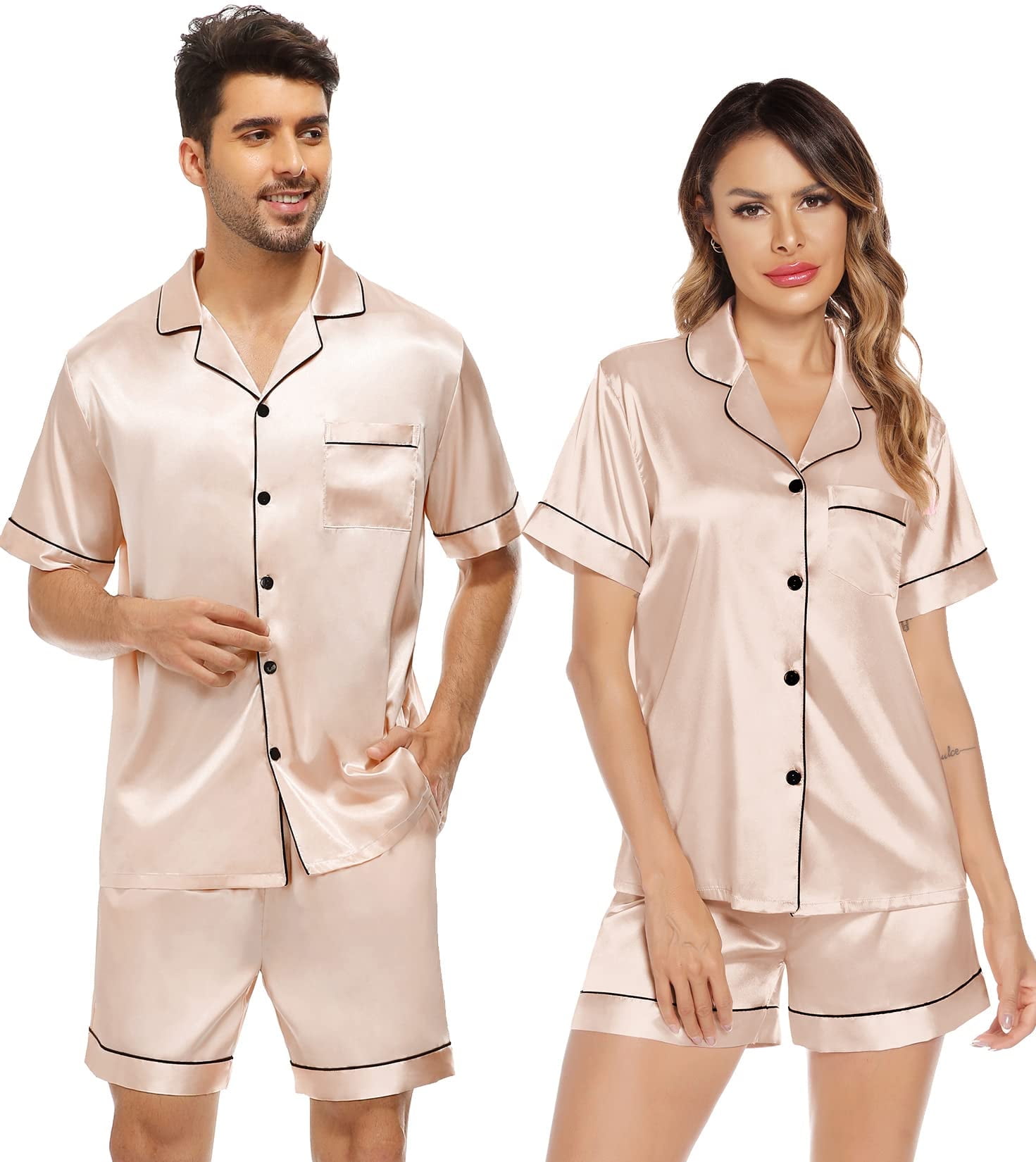 Satin Matching Pajamas Sets Couple Silk Button Down Nightwear Short ...