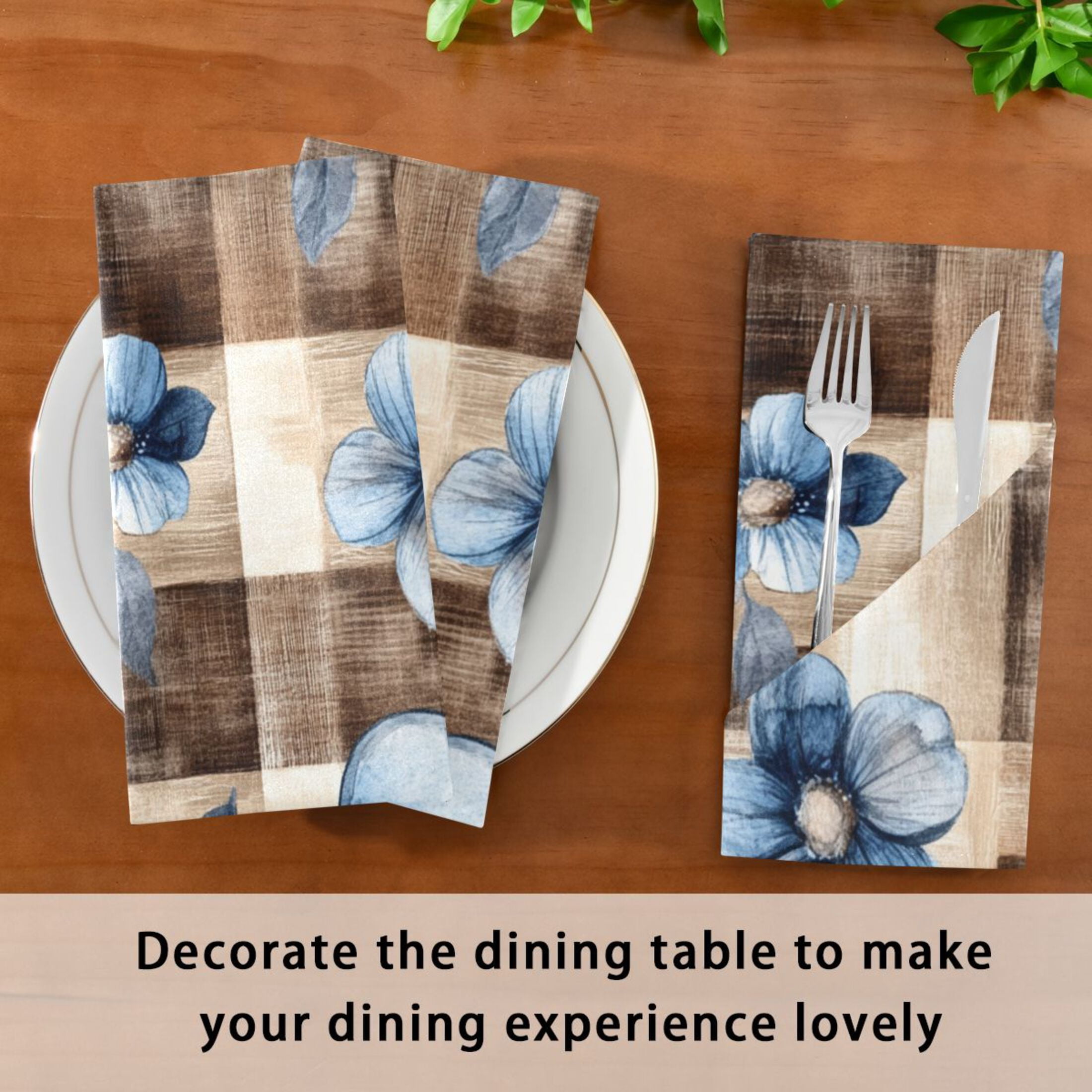 Satin Native Fab Cotton Dinner Napkin Blue Floral Hearts on Check ...