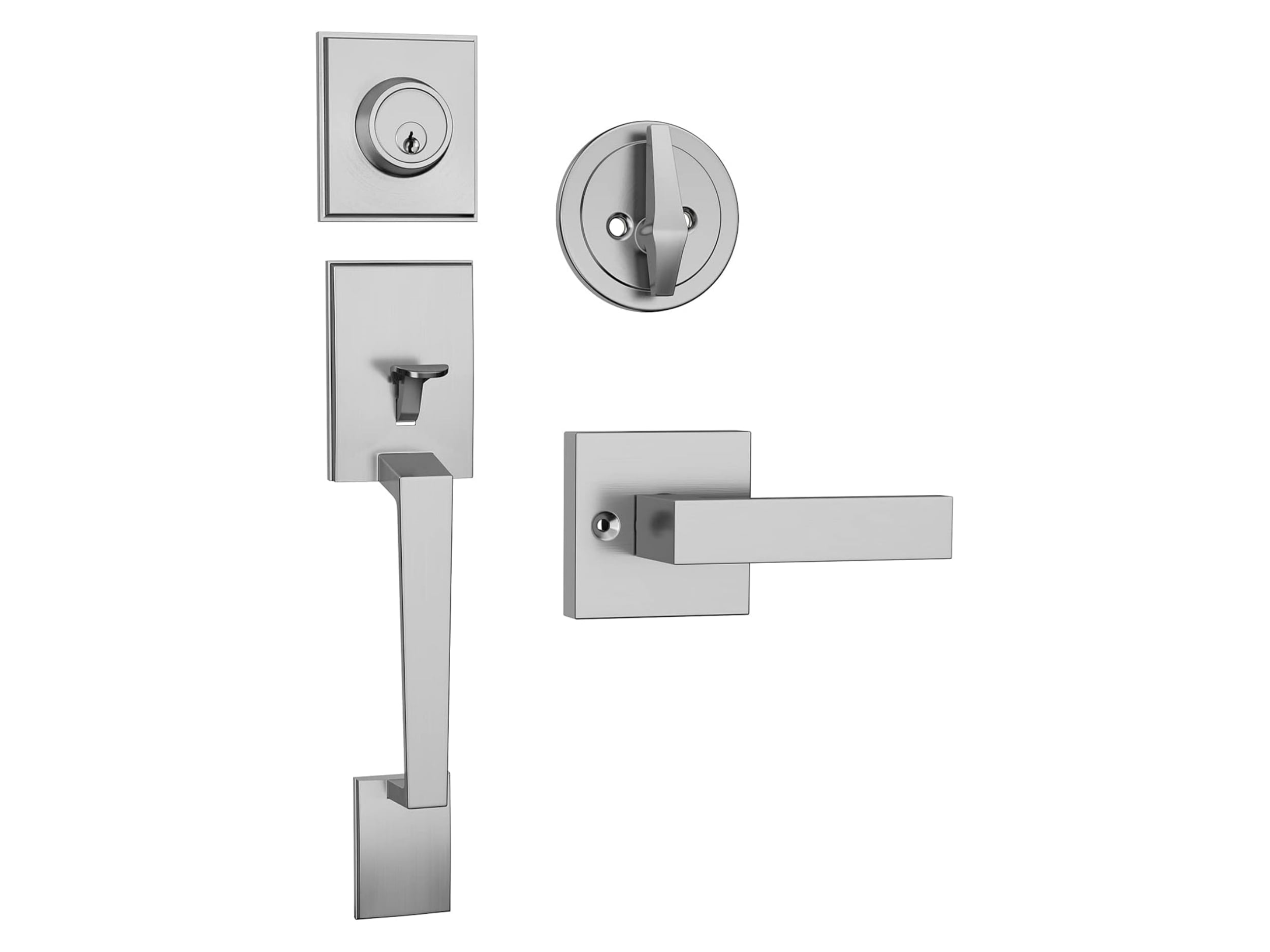 Satin Nickel Door Lock Set with Single Cylinder Deadbolt, Square Modern ...