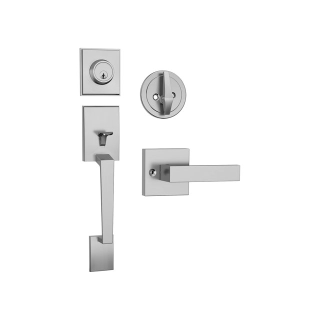 Satin Nickel Door Lock Set with Single Cylinder Deadbolt, Square Modern ...