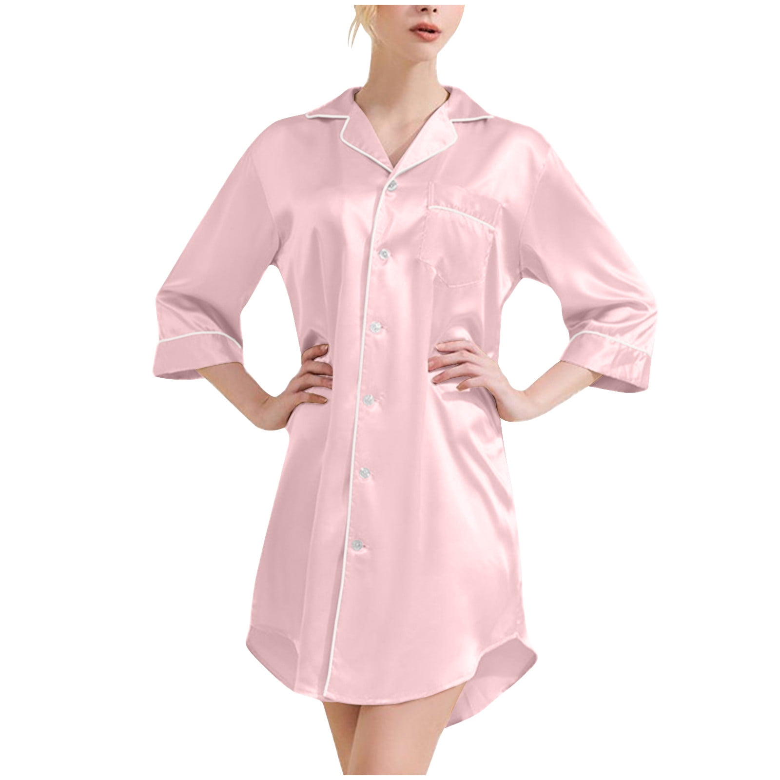 Satin Nightgown for Women 3/4 Sleeve Button Down Silk Sleepwear Pajama ...