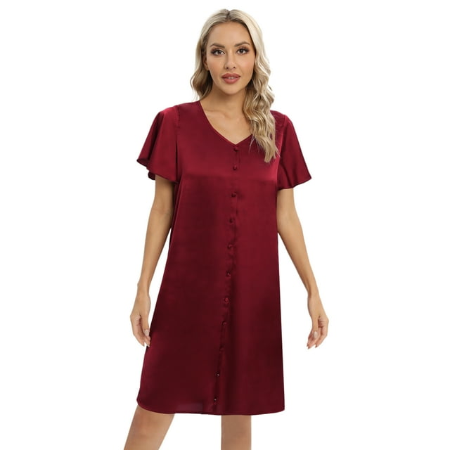 Satin Nightshirts for Women Silky Nightgown Sleepwear Belt Robe, Short ...