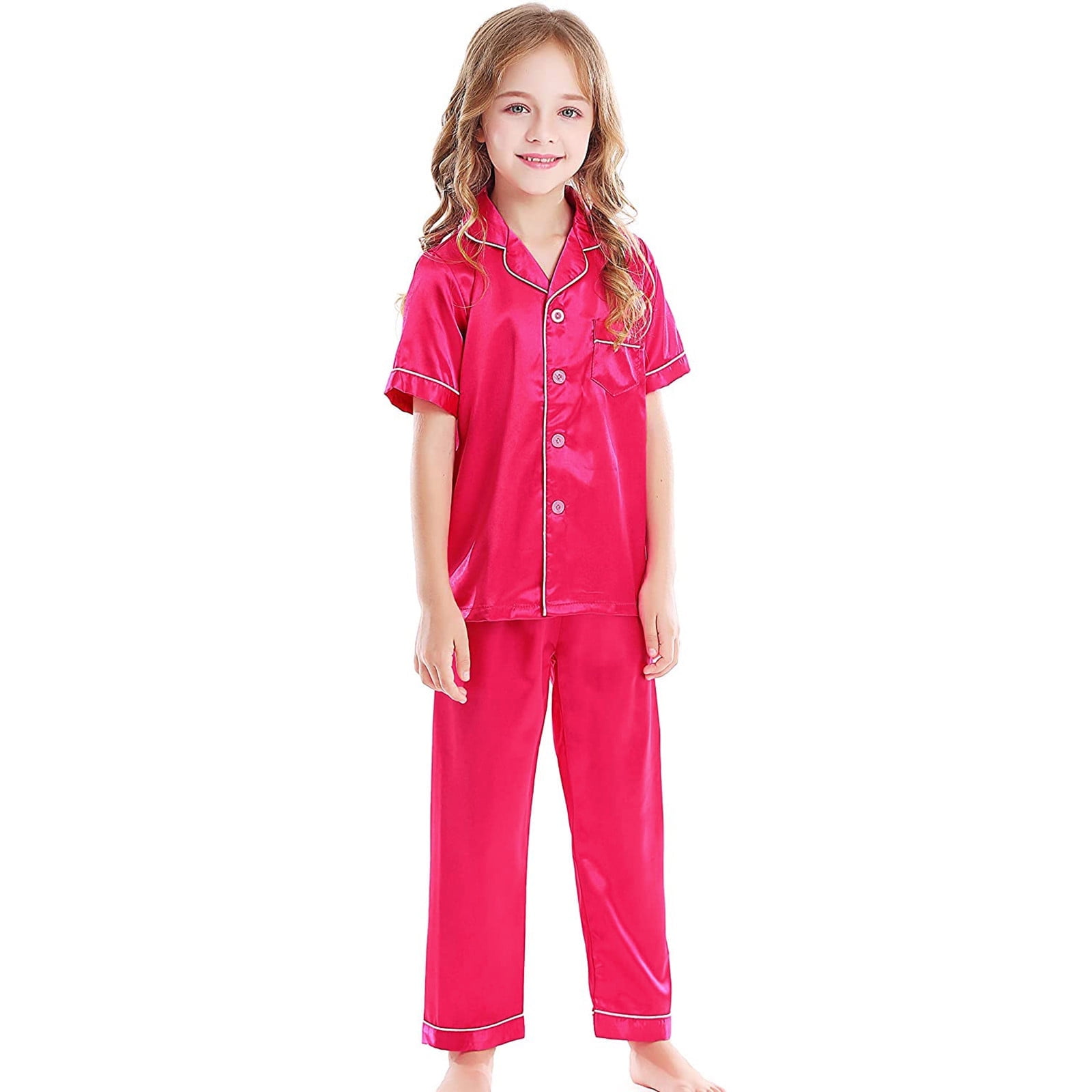 Satin Pajamas Kids Girls Pajama Set Button Down Sleepwear With Pants ...