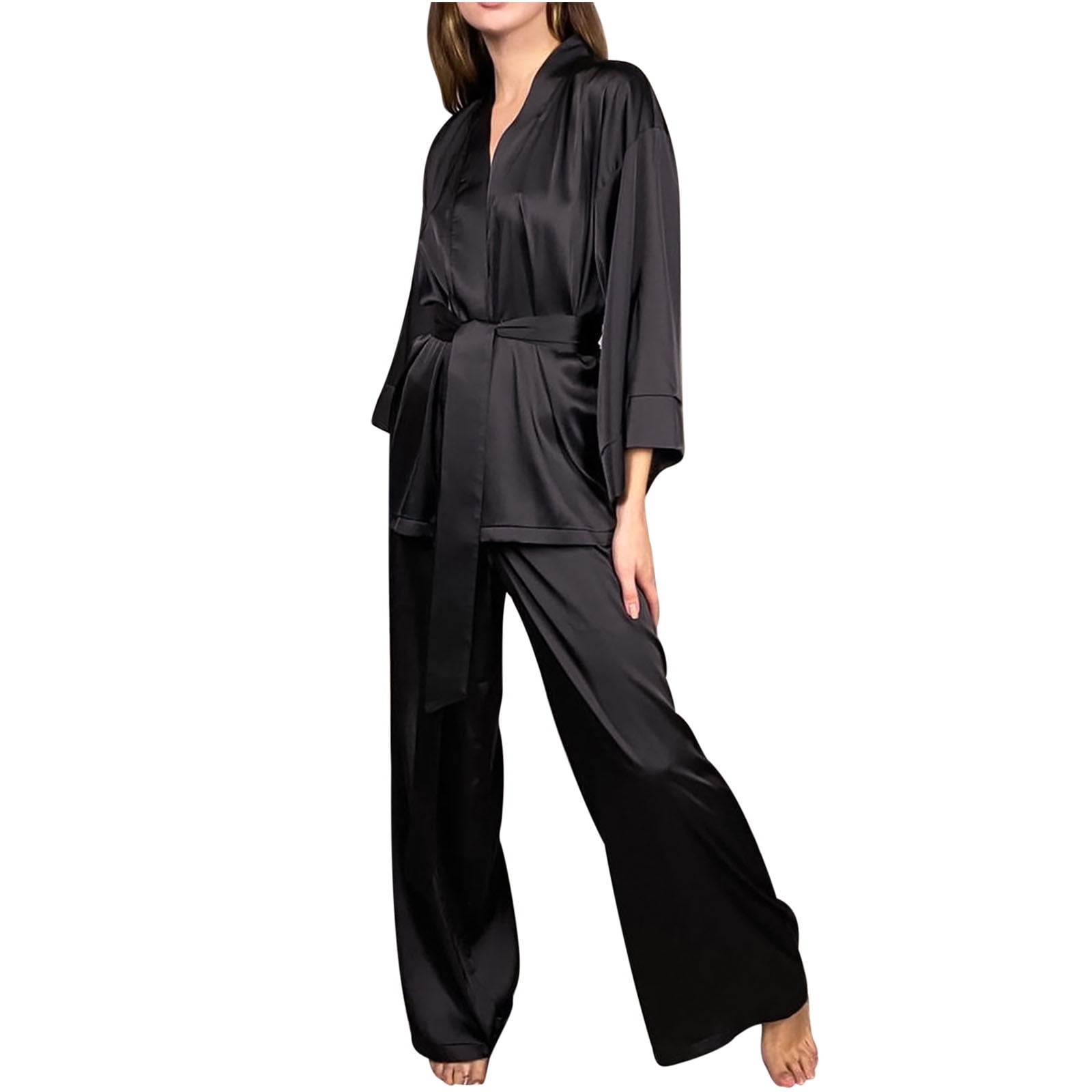 Satin Pajamas Set for Women Long Sleeve Belted Cardigan Sleepwear Silk ...