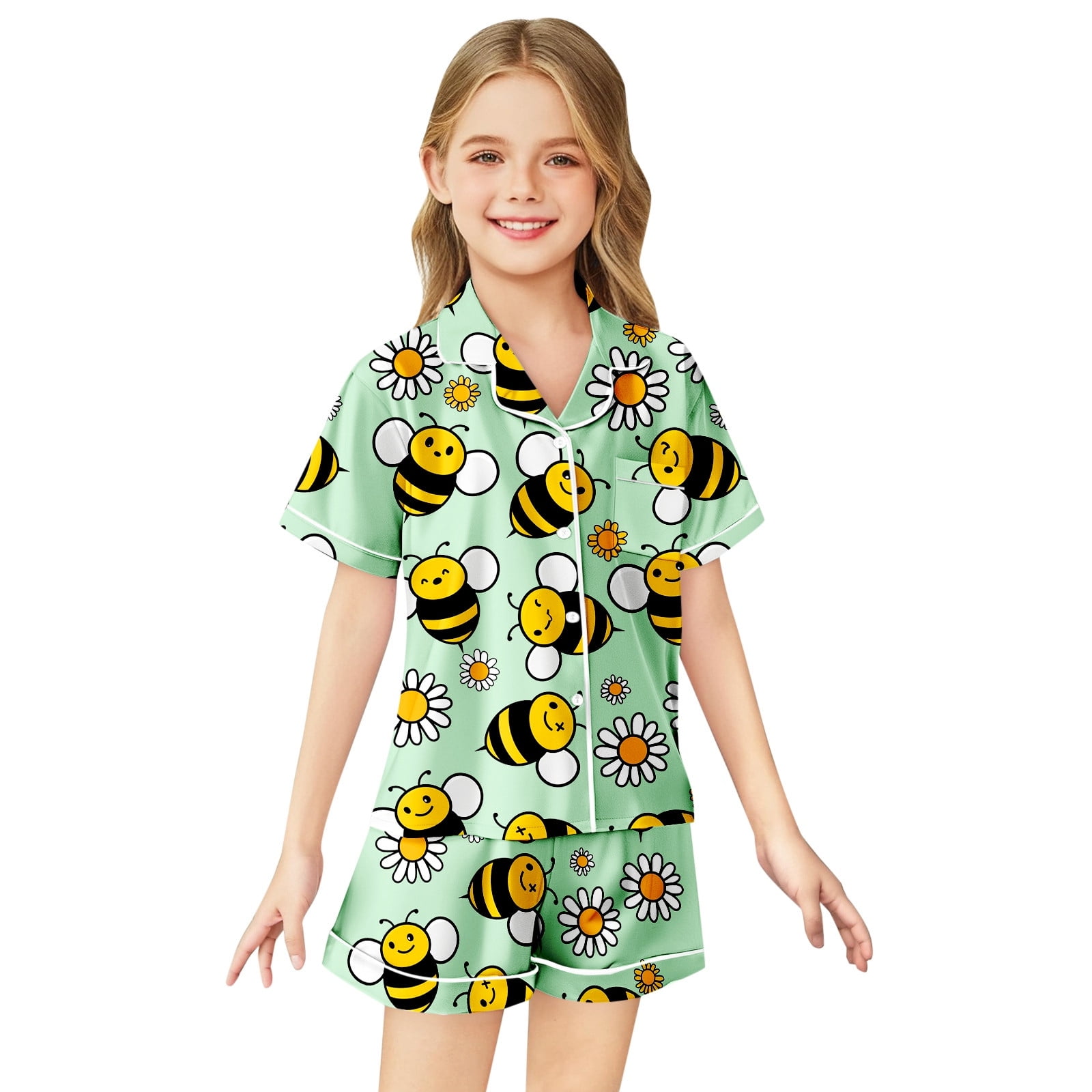 Satin Pajamas for Girl Summer Print Button Down Homewear Set Girls ...