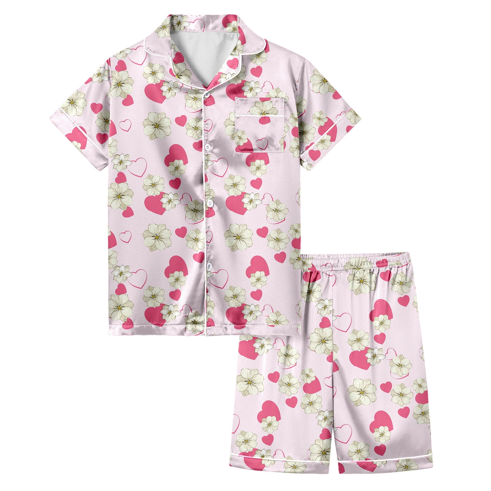 Satin Pajamas for Teen Girls Button Down Short Sleeve Loose Floral ...