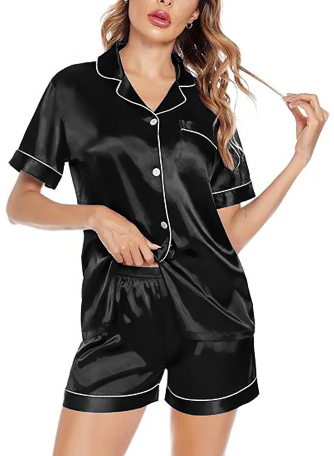 PUTUO Satin Pajama Set for Women, Soft Short Sleeve Button Down Two ...