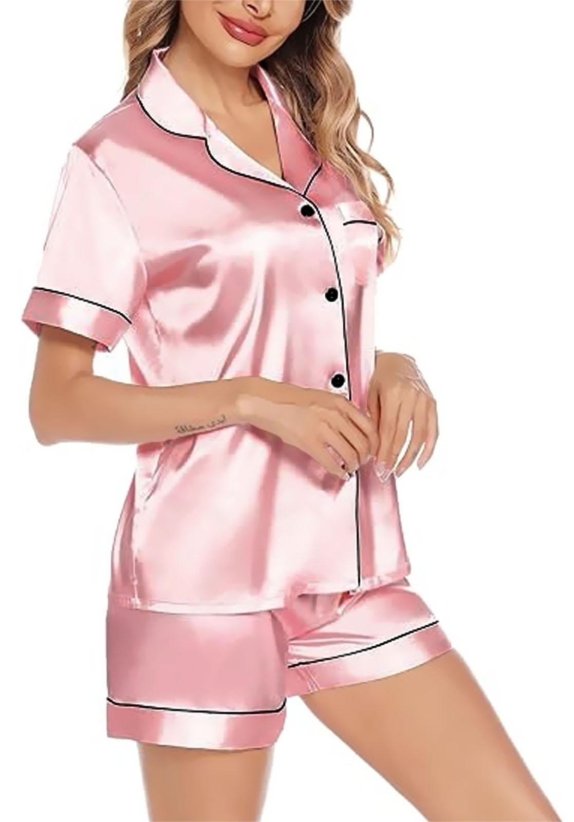 PUTUO Women's Satin Pajama Set, Short Sleeve Button Down Two-Piece, Soft and Luxurious Sleepwear ...