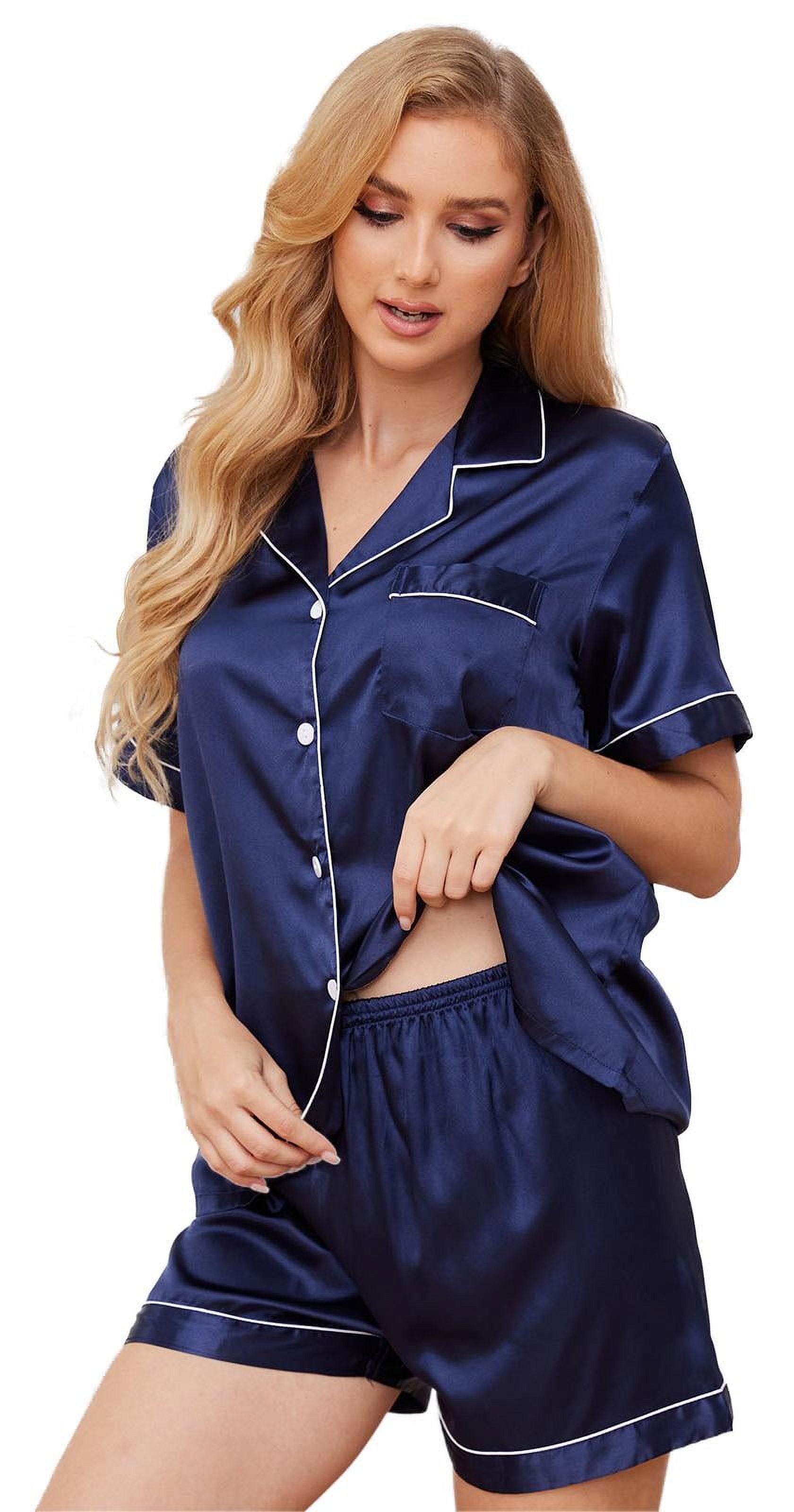 PUTUO Satin Pajamas for Women, Short Sleeve Button Down 2-Piece Set ...