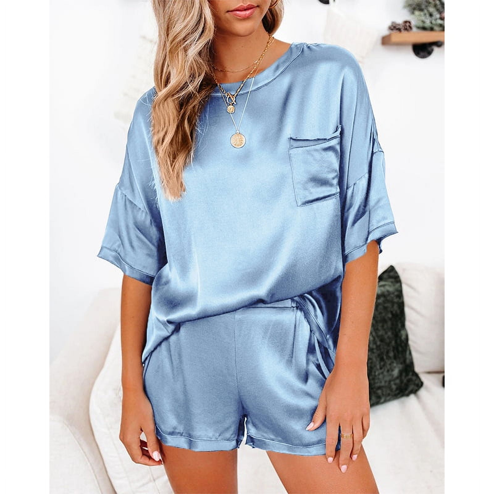Satin Pajamas for Women Short Sleeve Silk Pajama Sets Soft Sleepwear ...