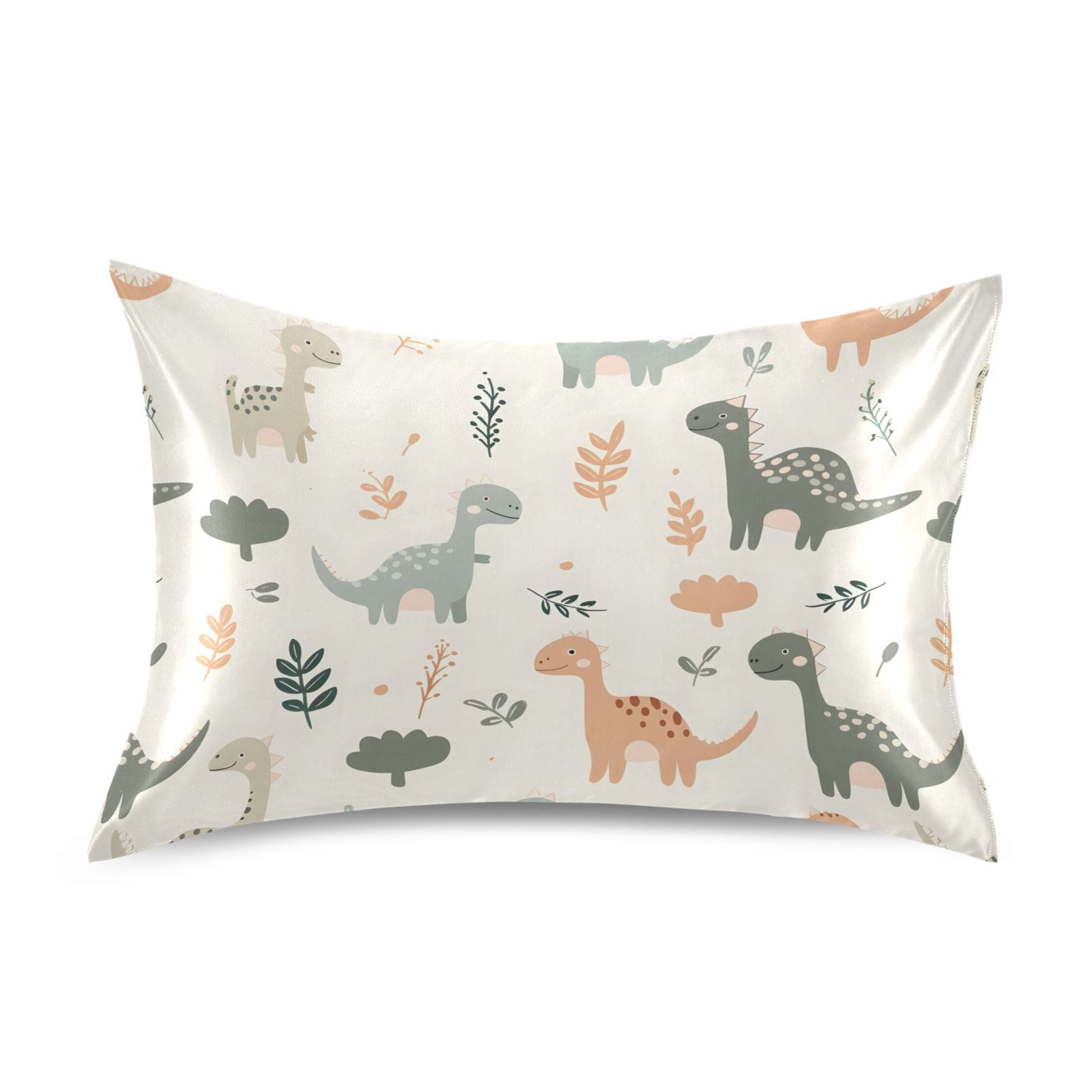Satin Pillow Case Cartoon Dinosaurs and Leaves Standard Silk Pillow ...