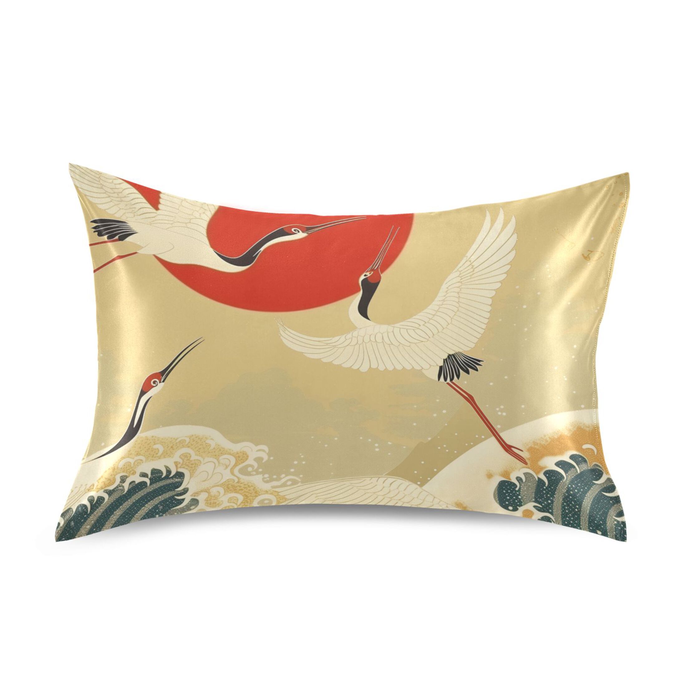 Satin Pillow Case Cranes Birds with Waves and Sun Queen Silk Pillow ...