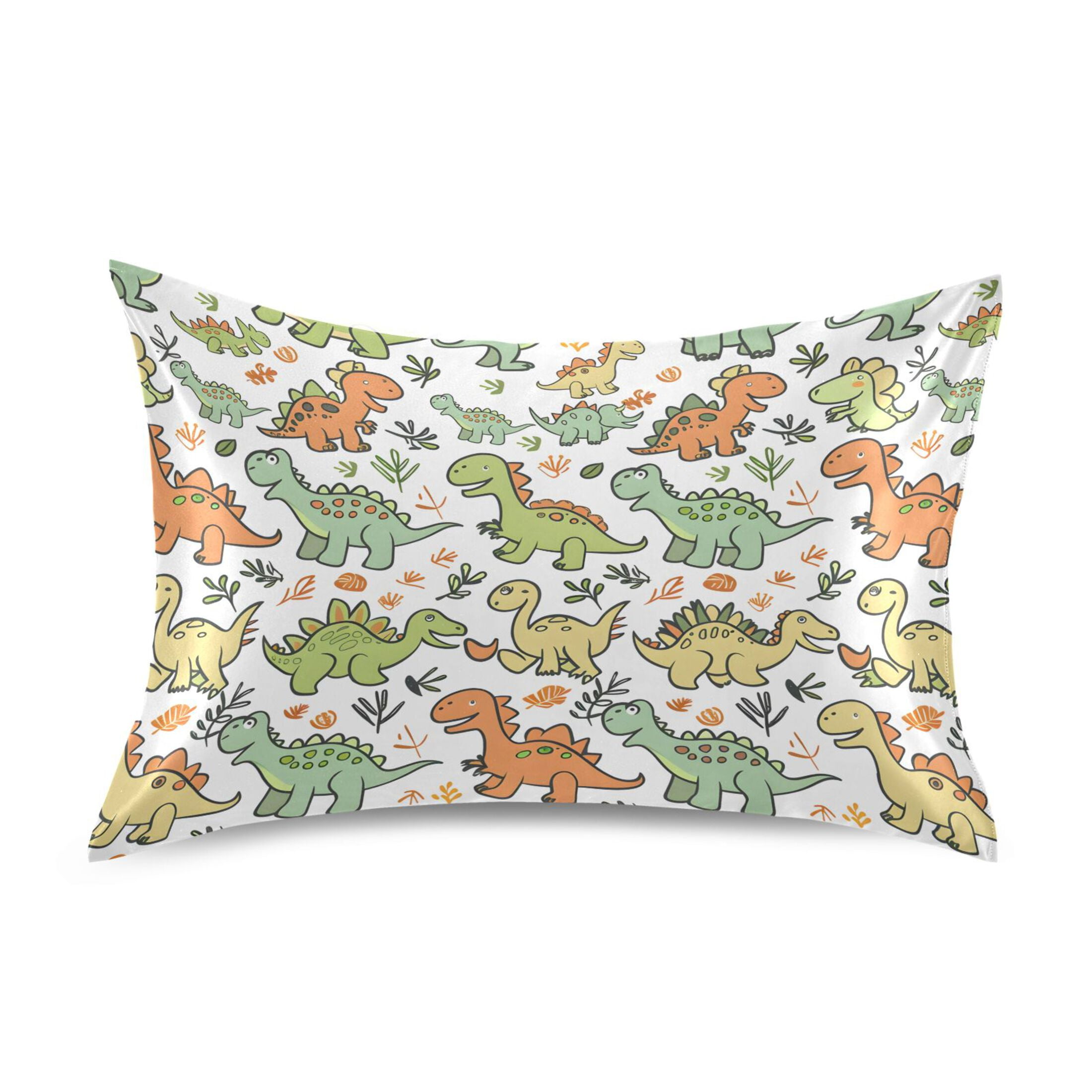 Satin Pillow Case Cute Cartoon Dinosaurs Leaf Standard Silk Pillow ...