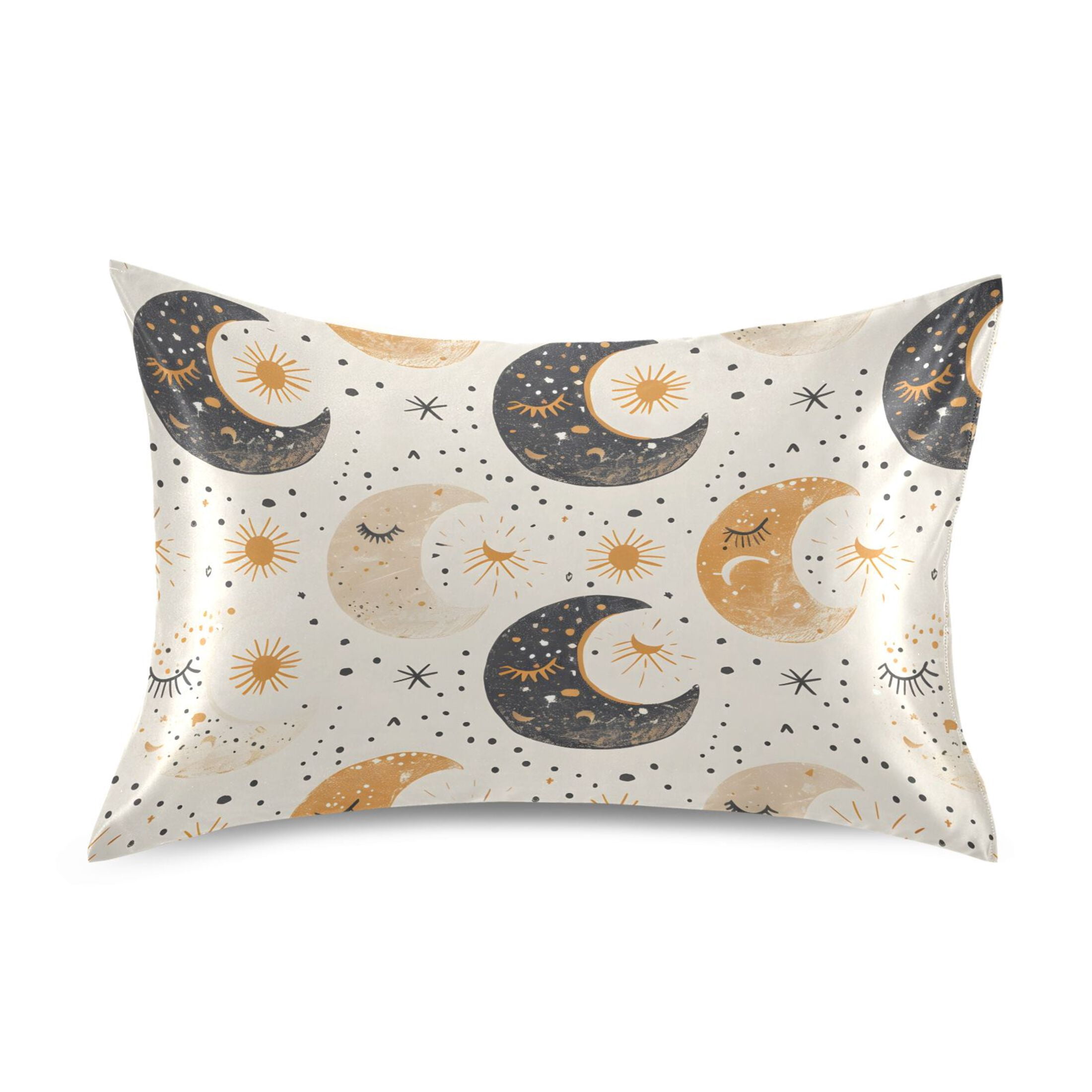 Satin Pillow Case Cute Crescent Moon and Sun Queen Silk Pillow Cover ...