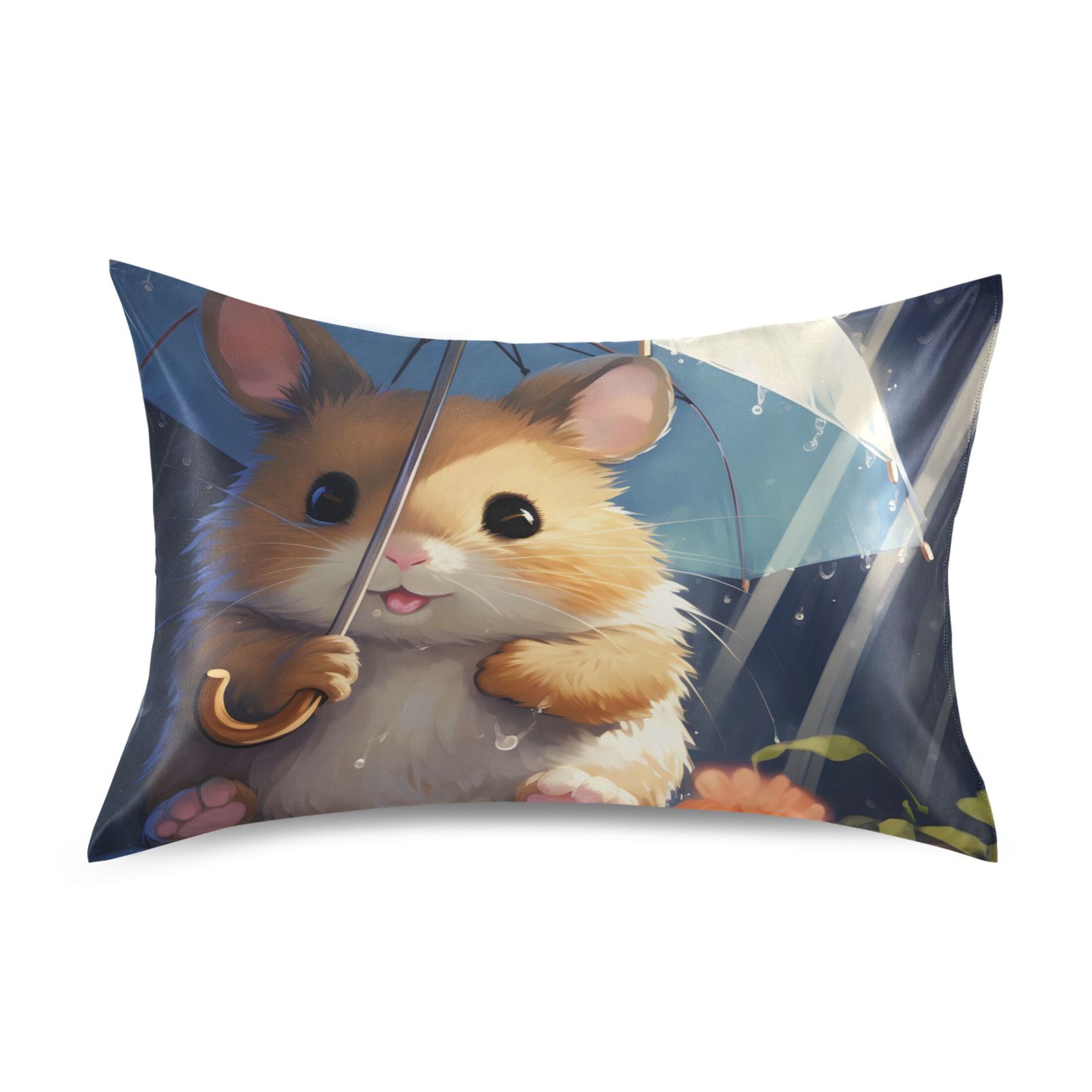 Satin Pillow Case Cute Hamster and Umbrella Queen Silk Pillow Cover for ...