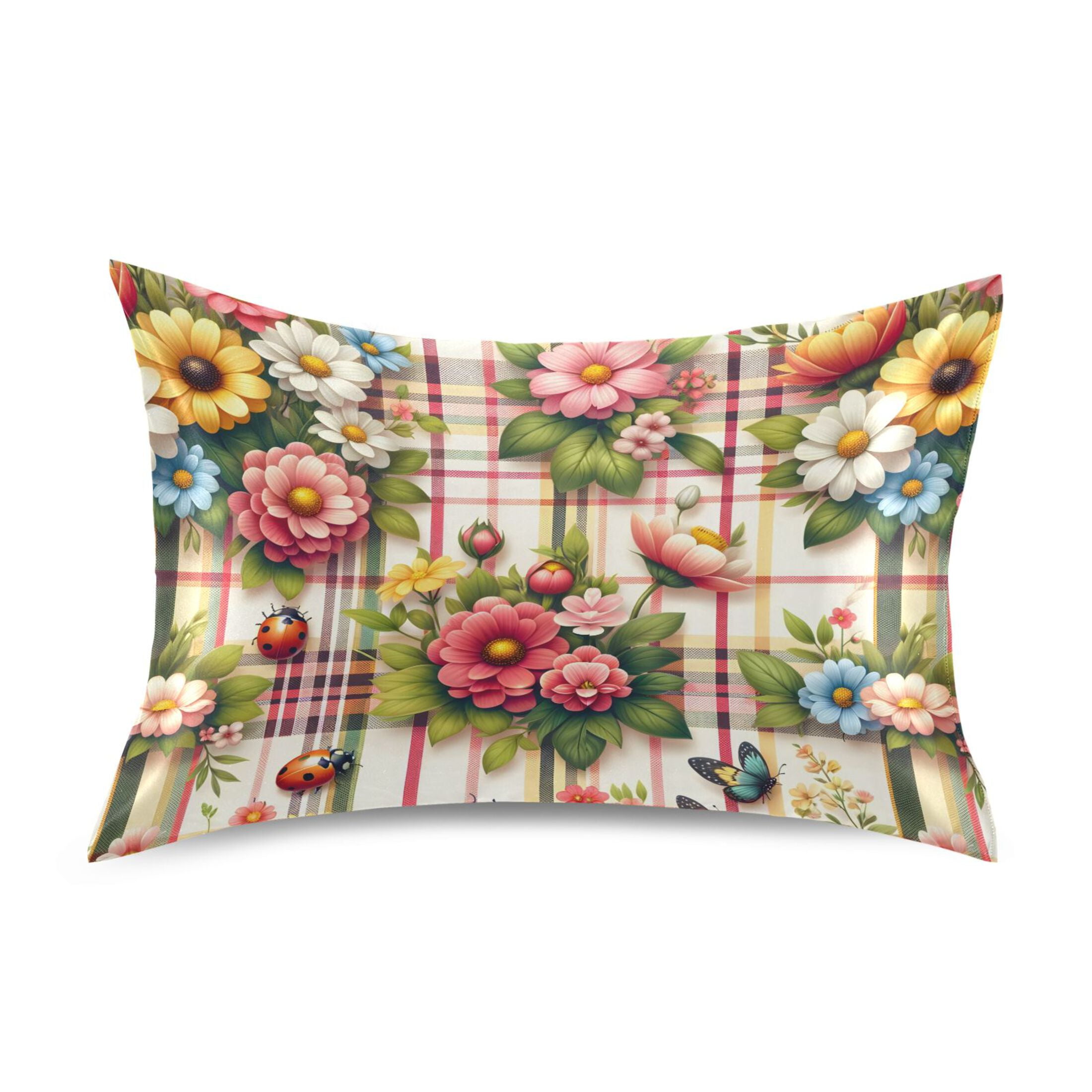 Satin Pillow Case Flowers with Lady Bugs Queen Silk Pillow Cover for ...