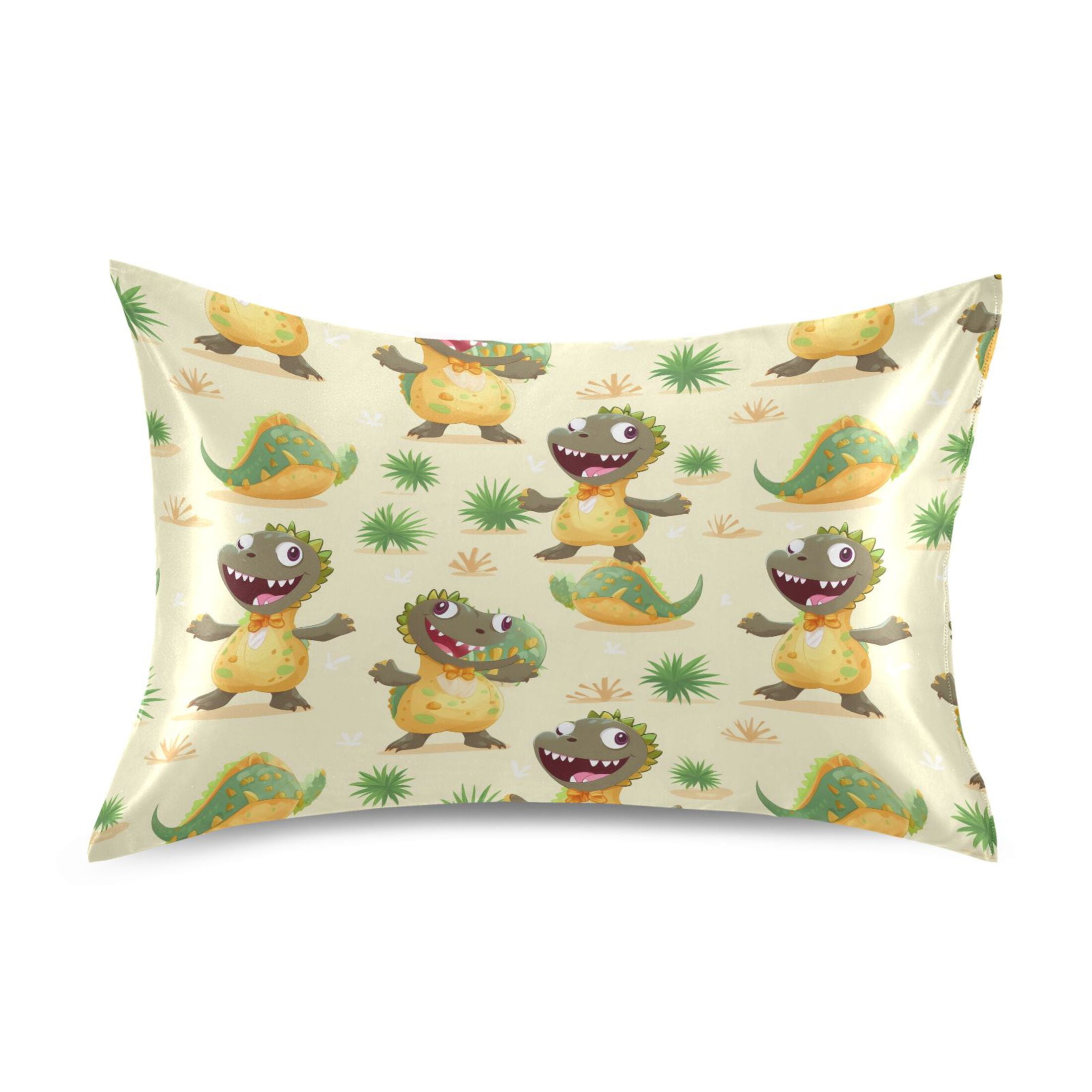 Satin Pillow Case Funny Dinosaur and Grass Queen Silk Pillow Cover for ...