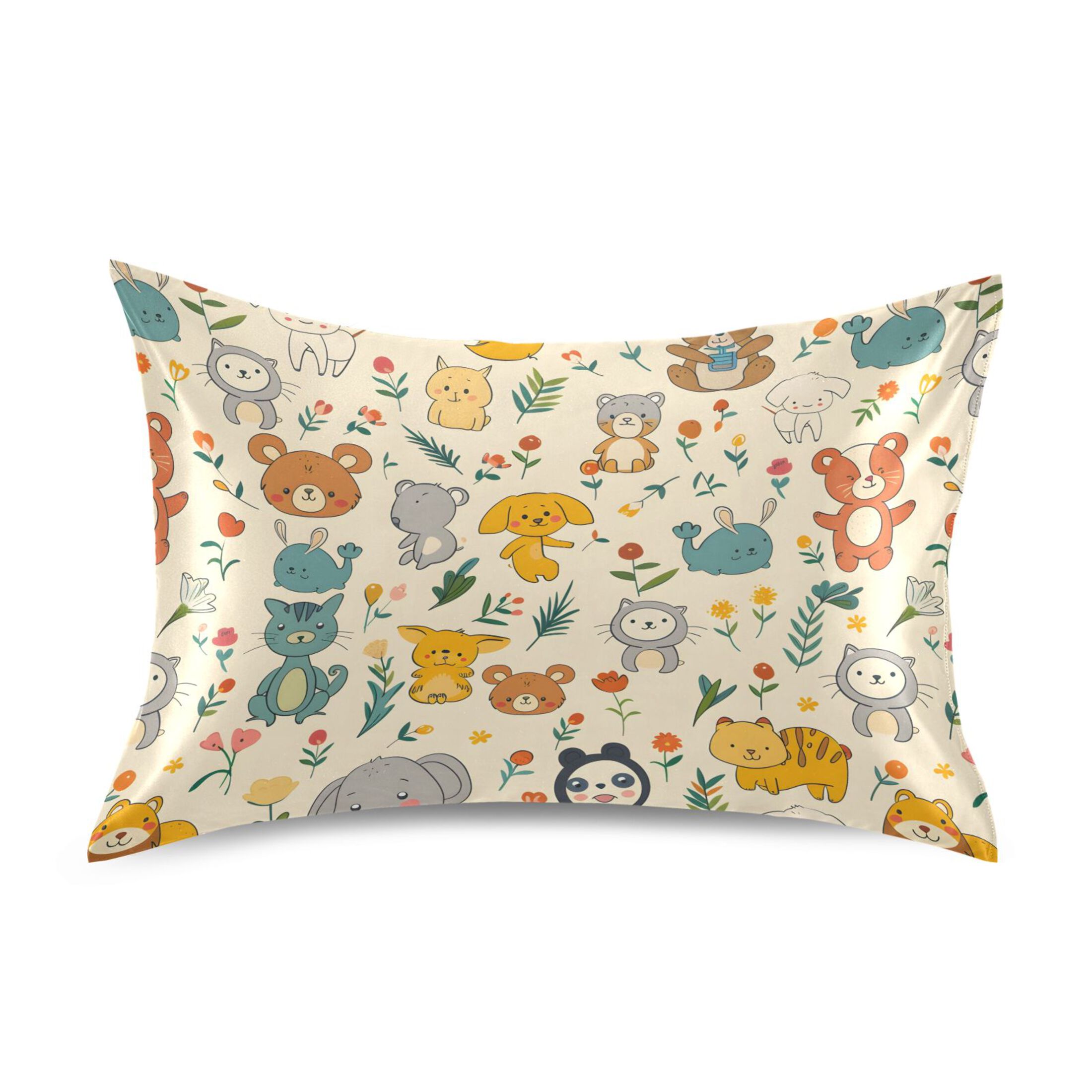 Satin Pillow Case Happy Animal and Plant Queen Silk Pillow Cover for ...