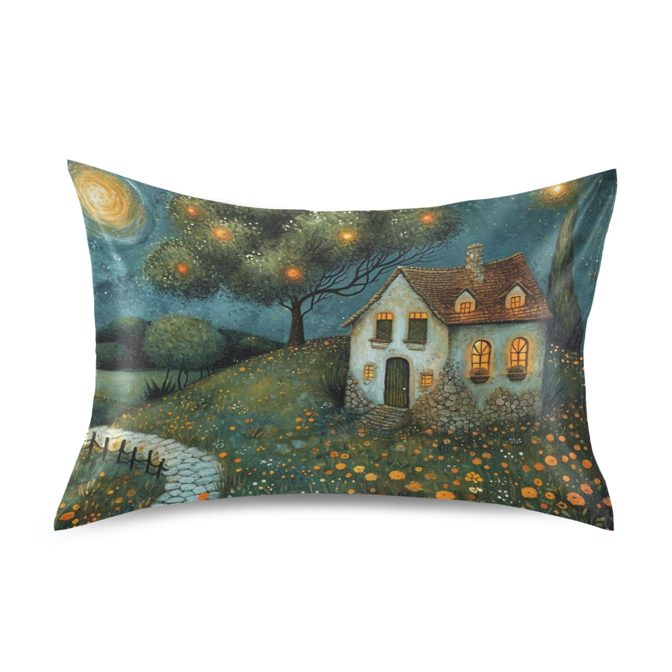 Satin Pillow Case Starry Sky House Tree Moon Queen Silk Pillow Cover ...