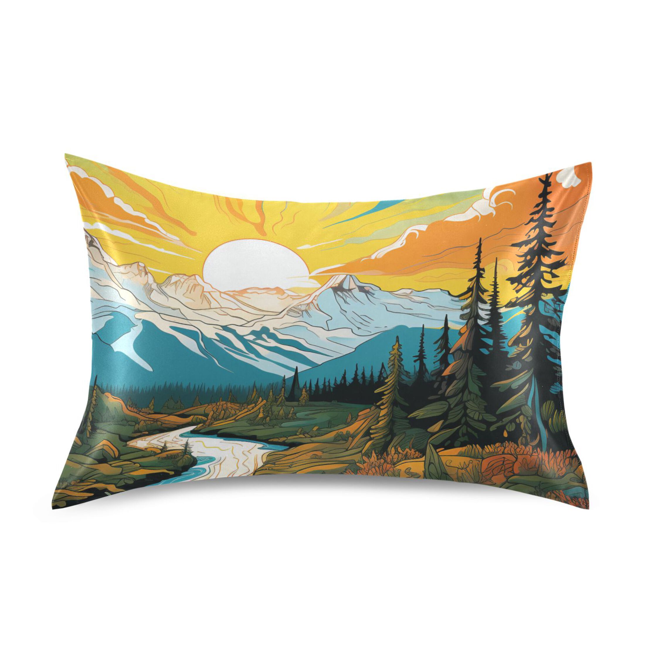 Satin Pillow Case Sunrise Forest River Mount Queen Silk Pillow Cover ...