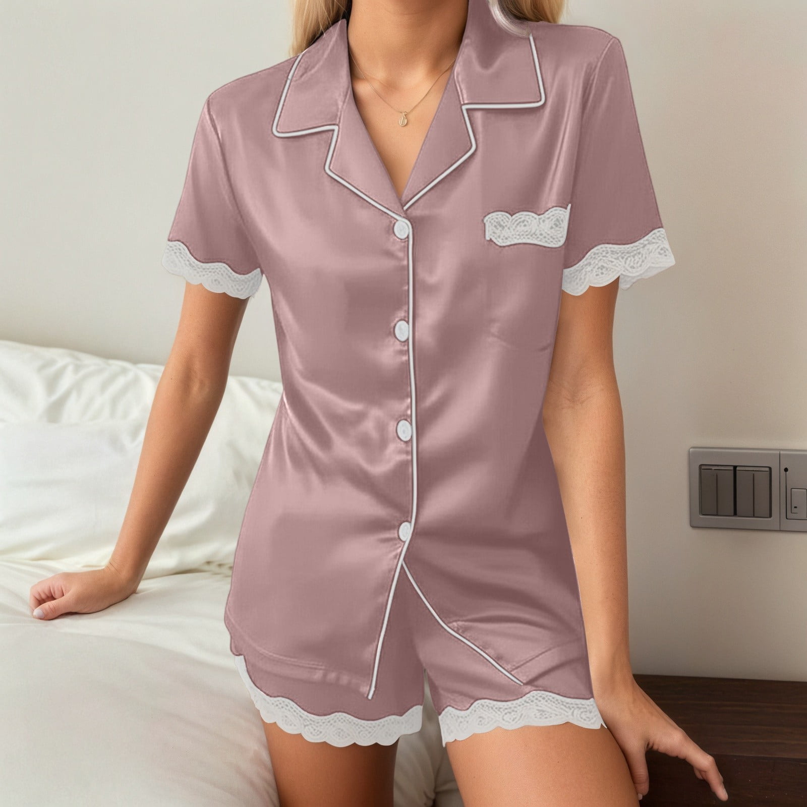 Satin Pjs for Women Set Two Piece Button Down Womens Pajamas Shorts Set ...