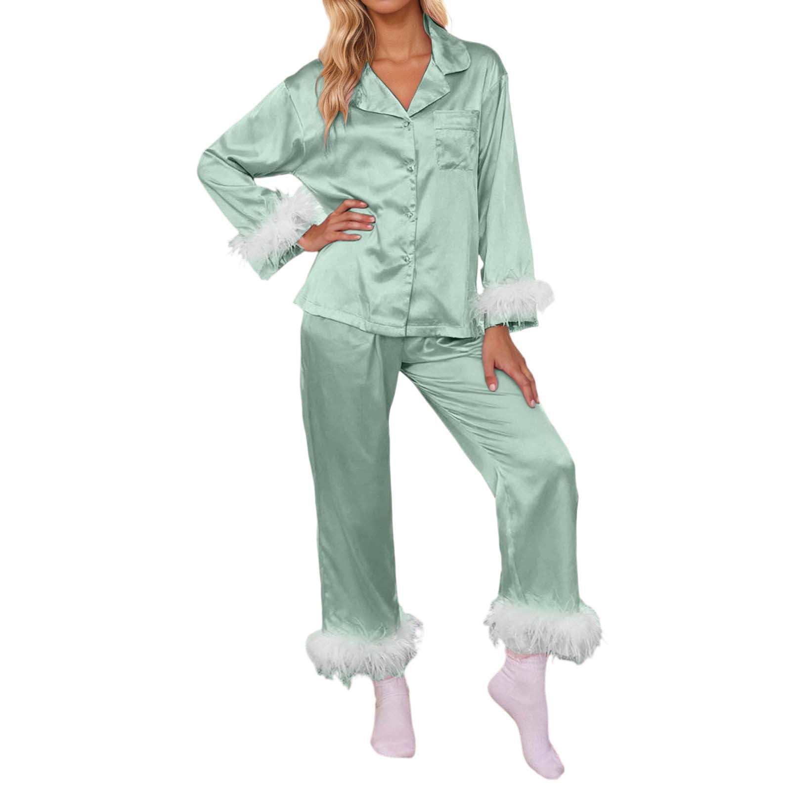 Satin Pjs for Women Set Valentine Pjs Long Sleeve Feather Trim ...