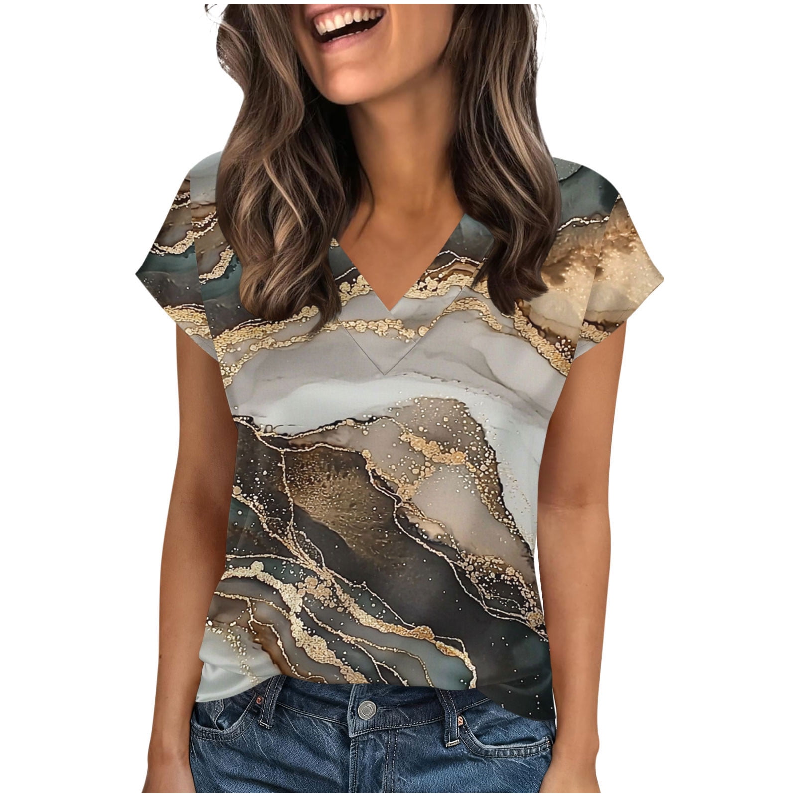 Satin Print Blouse Women's Short Sleeve V Neck Tees Clothing 2026 ...