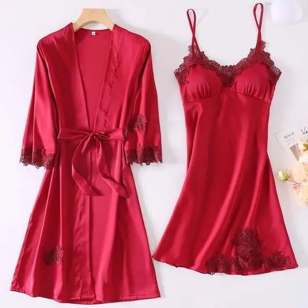Satin Robe Set Sexy Female Sleepwear Summer Kimono Bathrobe Lace Trim ...