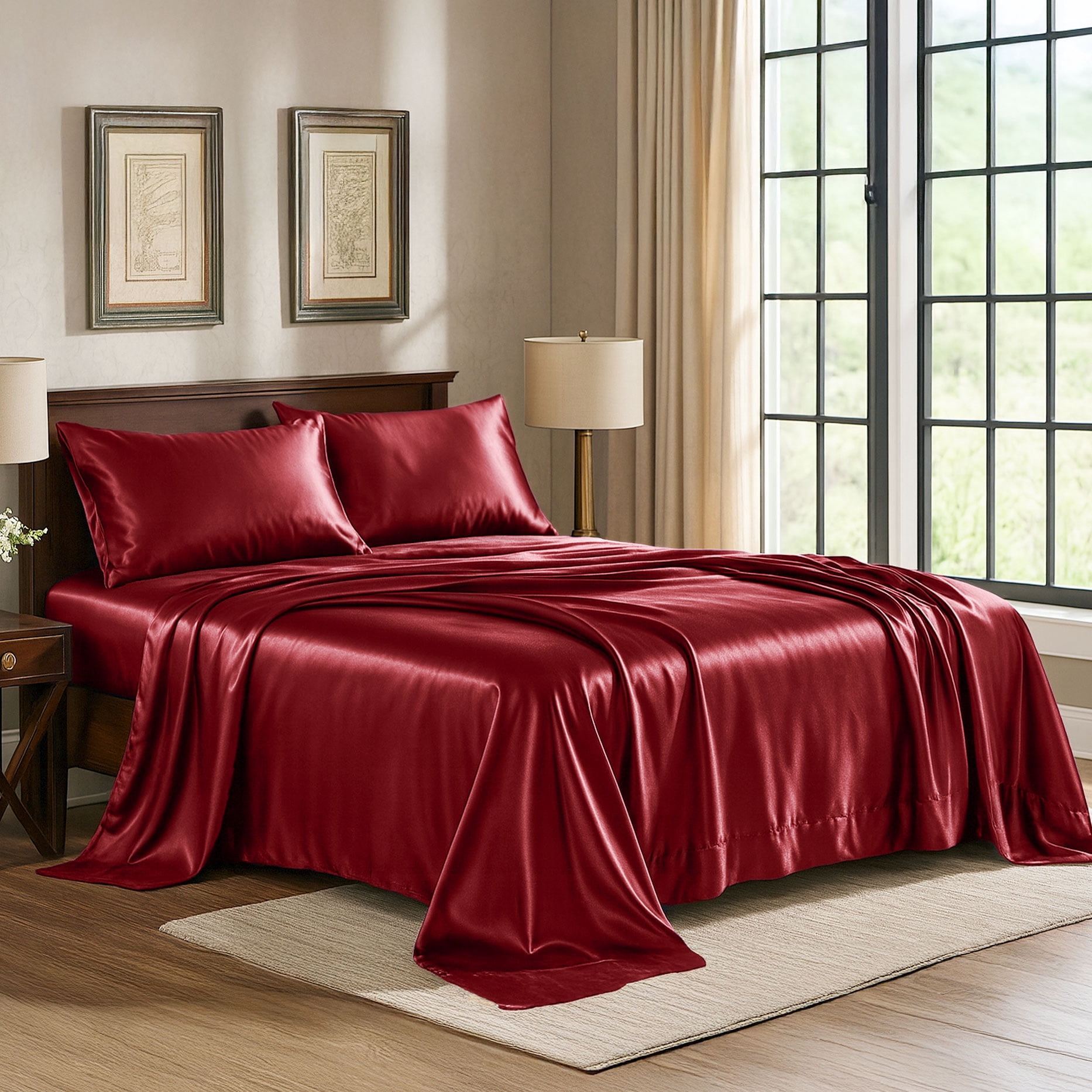 4-Piece Full Size Satin Sheets, Hotel Luxury Silky Soft Microfiber ...