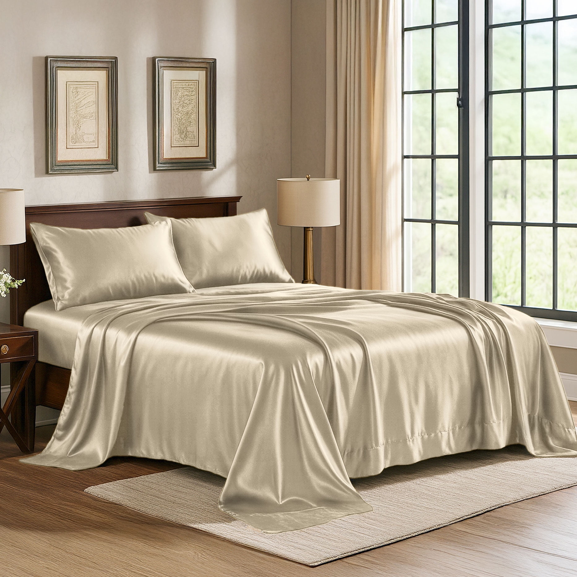 Champagne Gold Satin Sheets King - 4 Piece Set, Silky Soft 1800 ...