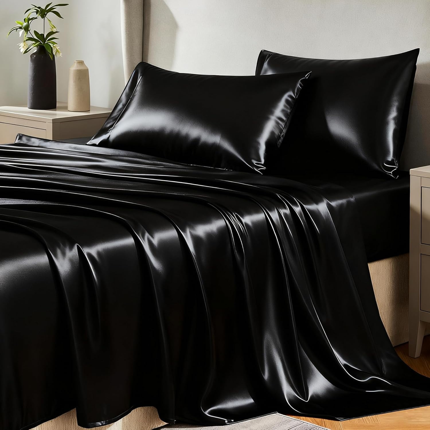 Satin Sheets King Size Sheet Set - 4 Piece Silky King Sheets, Luxury ...