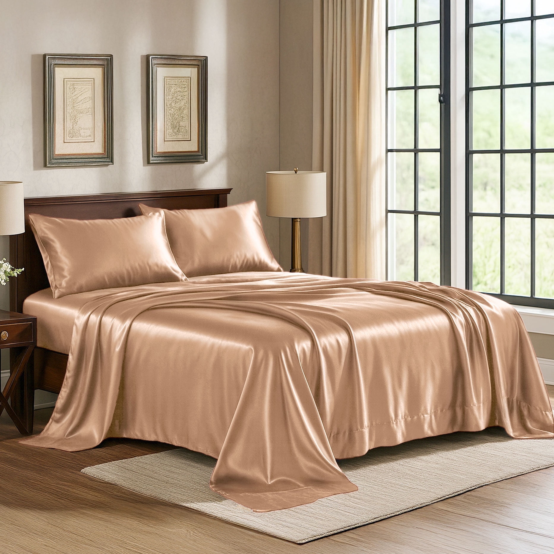 4-Piece Hotel Luxury Satin Sheets Queen Set - Rose Gold, 1800 ...