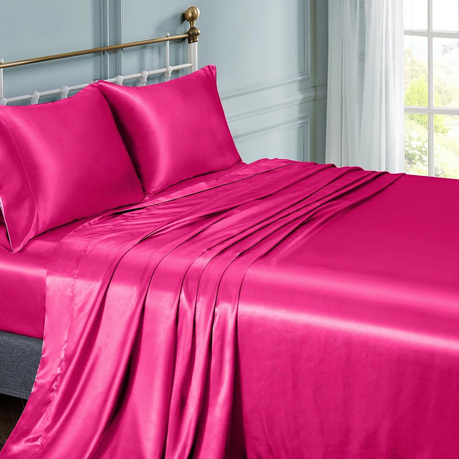 Satin Sheets Queen Size Silky Soft Satin Bed Sheets Hot Pink Satin ...