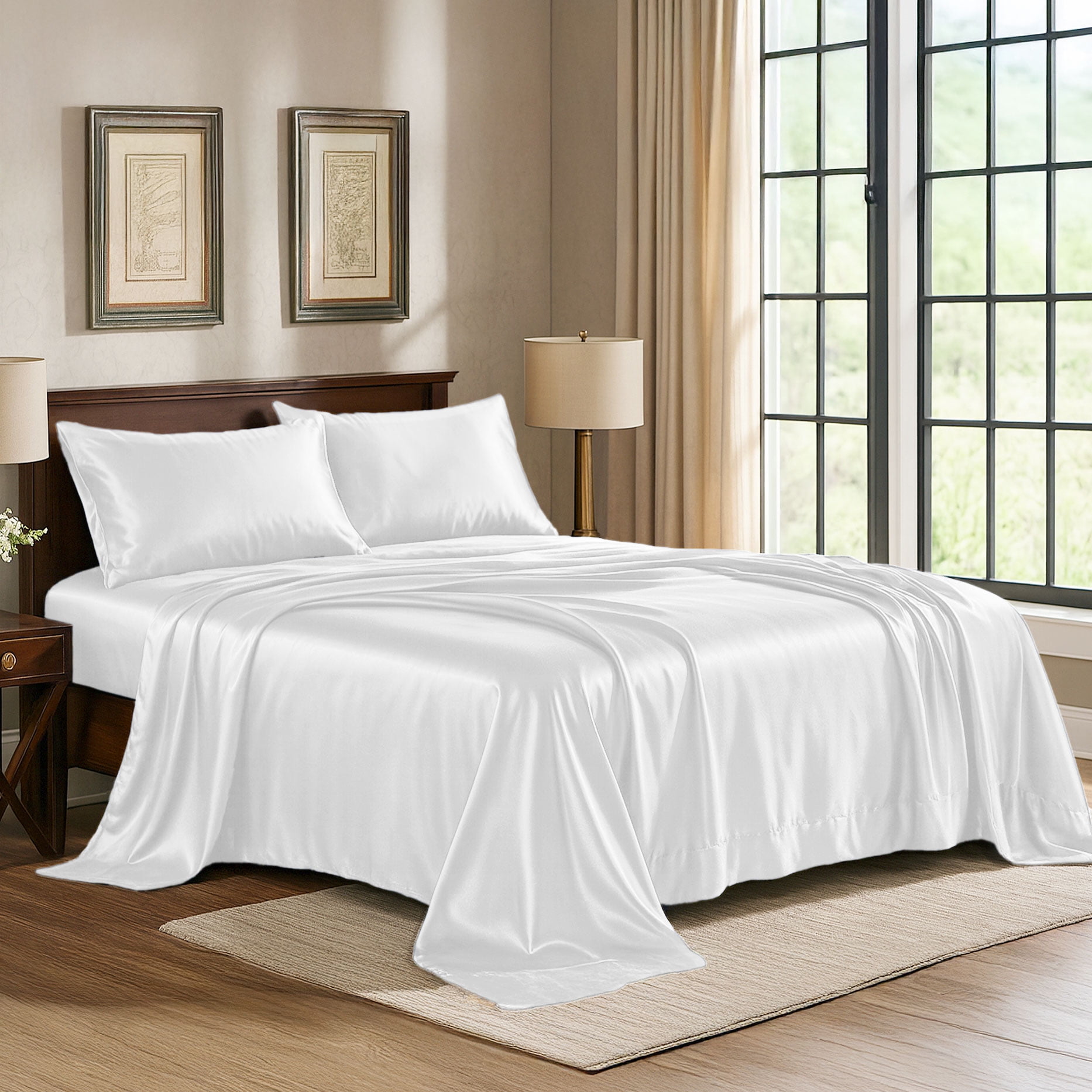 Pure Bedding Satin Sheets Twin, 3-Piece, White, Silky Soft 1800 ...