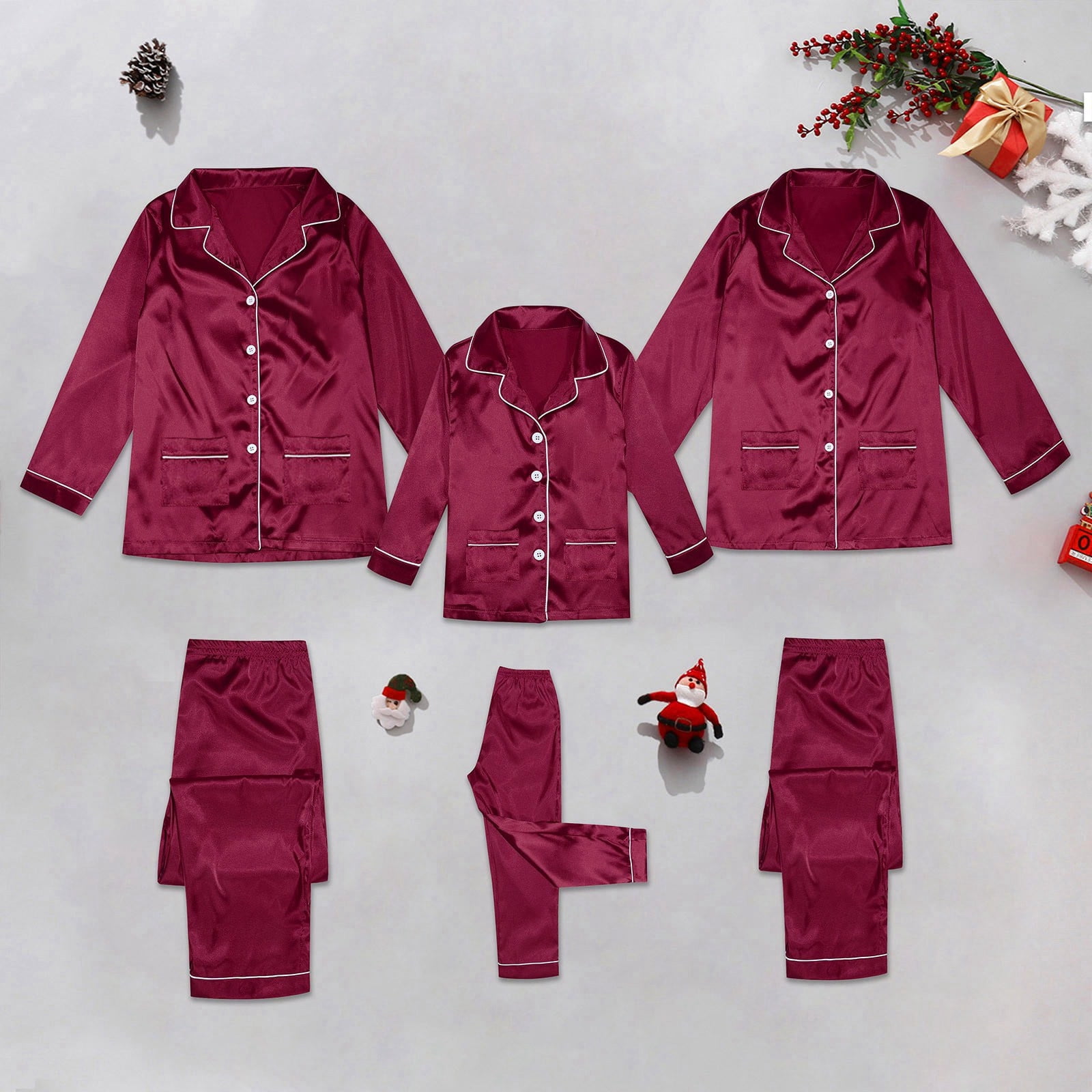 Satin Silk Buckle Pajamas PJ Set Solid Two Piece Family Matching ...