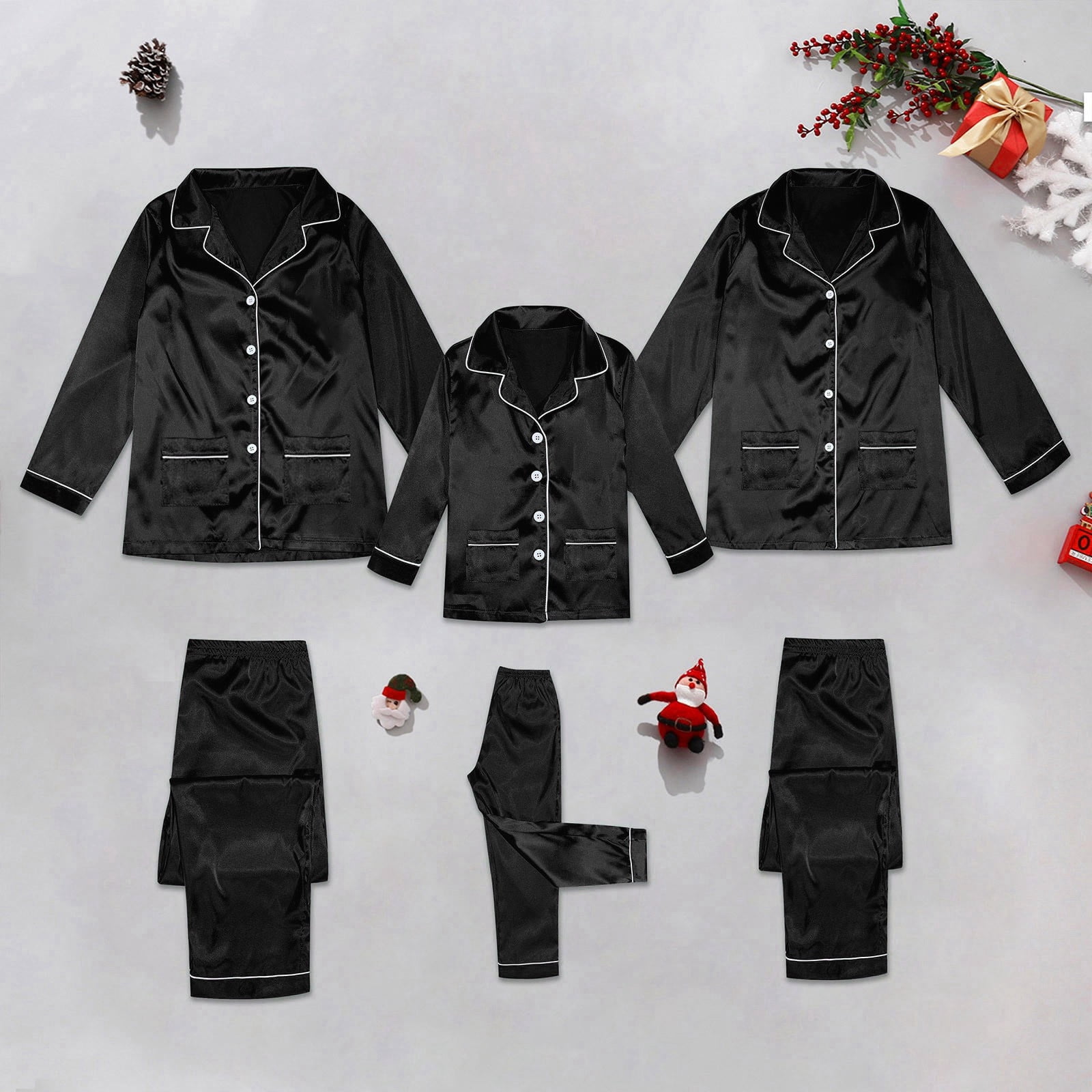 Satin Silk Button Down Pyjamas PJ Set Solid Two Piece Family Matching ...