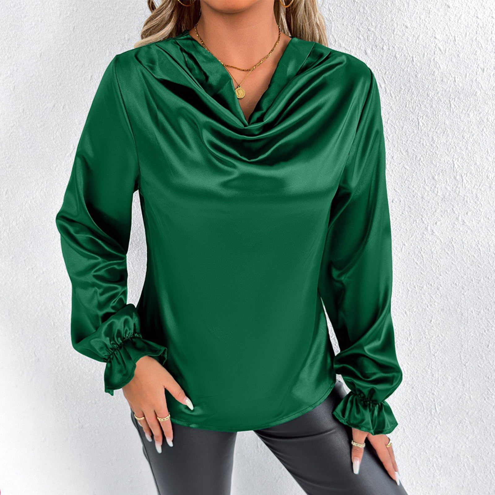 Satin Silky Cowl Neck Top for Women 2025,Drape Ruched Front Long Sleeve Blouse,Fashion Casual ...