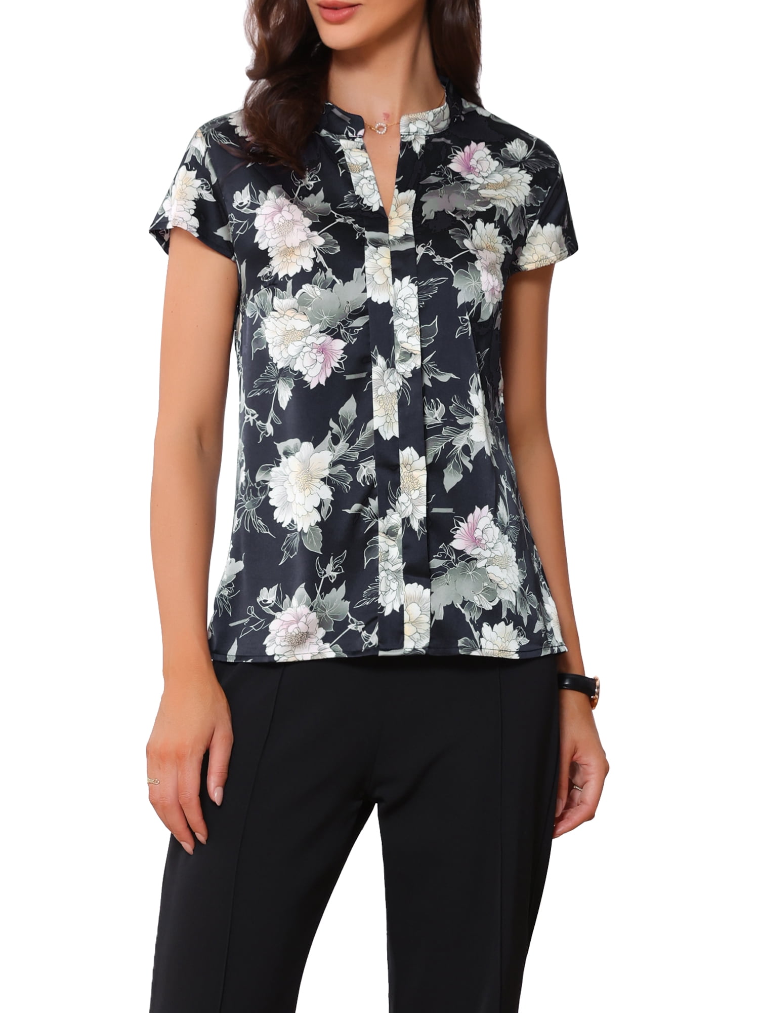 INSPIRE CHIC Satin Work Blouses for Women's Floral Vintage Cap Sleeve ...