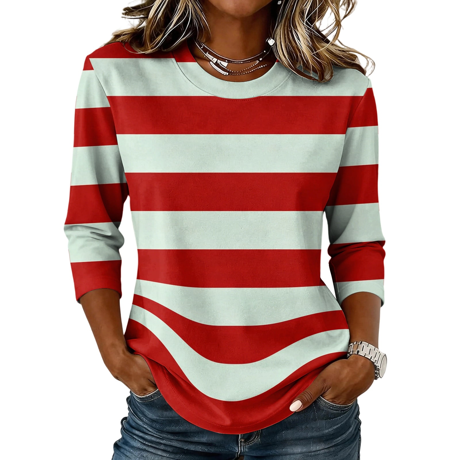 Satingcolo Womens Stripe Tshirts Summer Casual Crewneck 3/4 Sleeve Tee ...