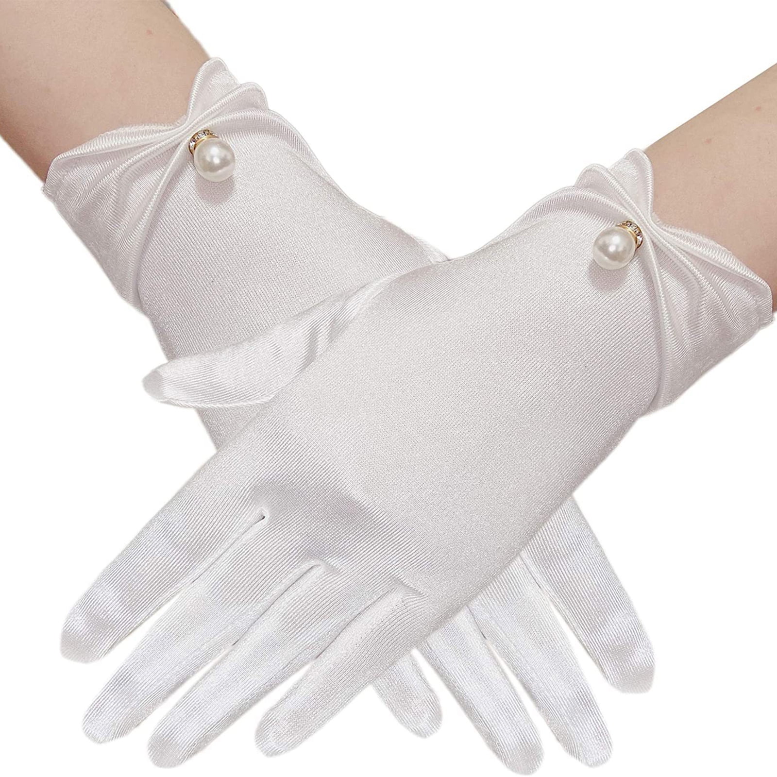Satins Gloves Evening Gown Gloves with Pearls Decors Wedding Bride ...