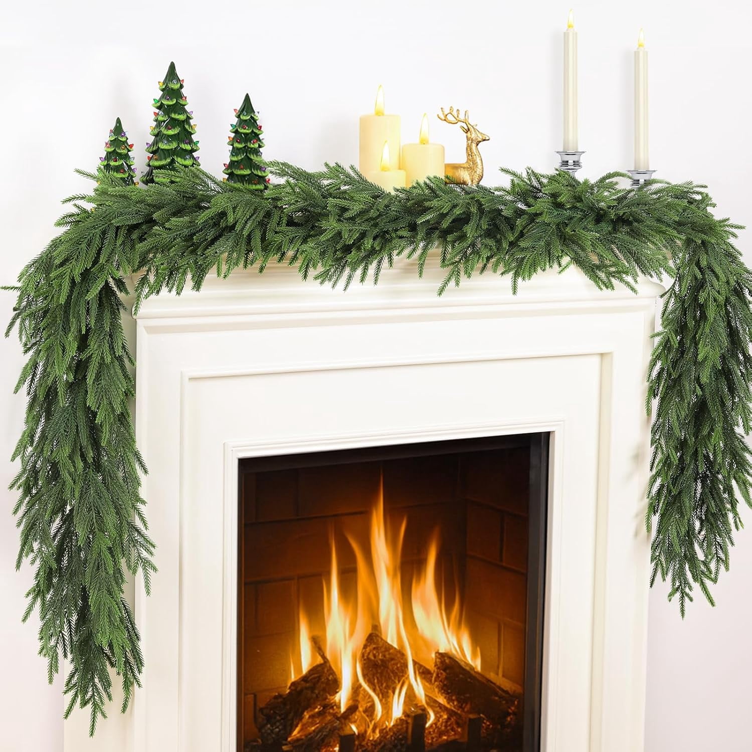 Satmonnus 9FT Norfolk Pine Garland, Real Touch Artificial Long Greenery ...
