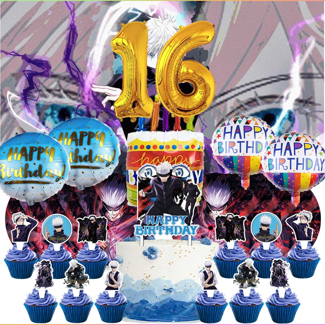 Satoru Gojo 16th Tableware Balloons Cake Toppers Backdrop Banner ...