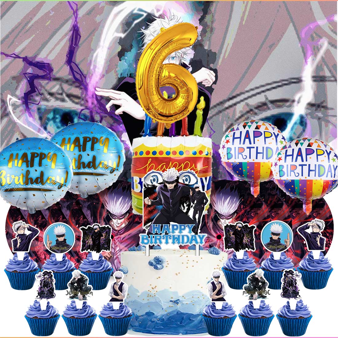 Satoru Gojo 6th Tableware Balloons Cake Toppers Backdrop Banner ...