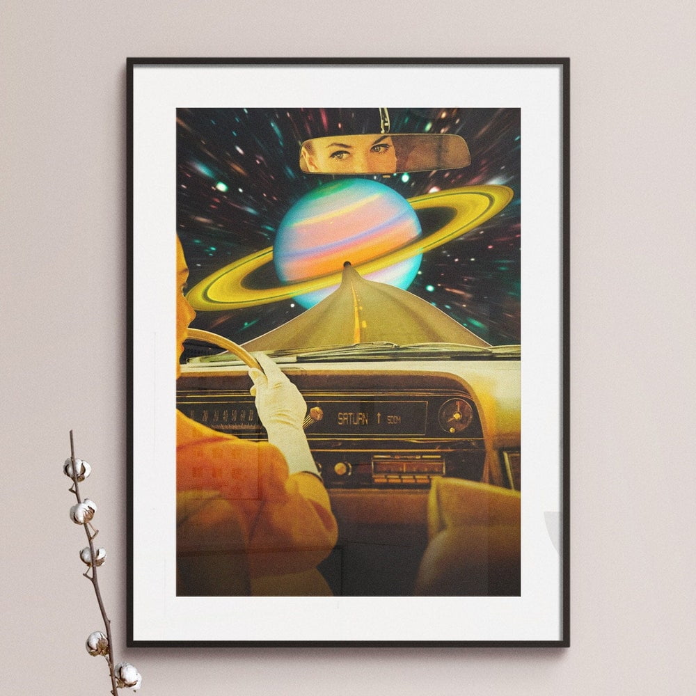 Saturn Commute, Retro Futurism, Cosmic Sci-Fi Art, Vintage Poster, Trippy Road Trip, Space ...