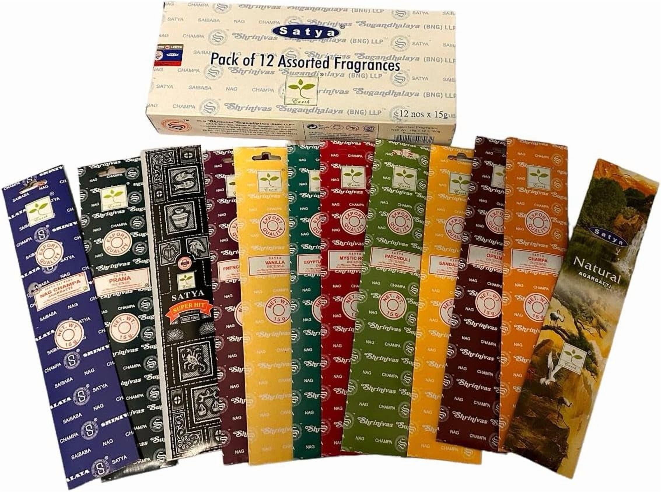 Satya Incense 15g Set of 12 Nag Champa, Super Hit, Sacred Sandalwood ...