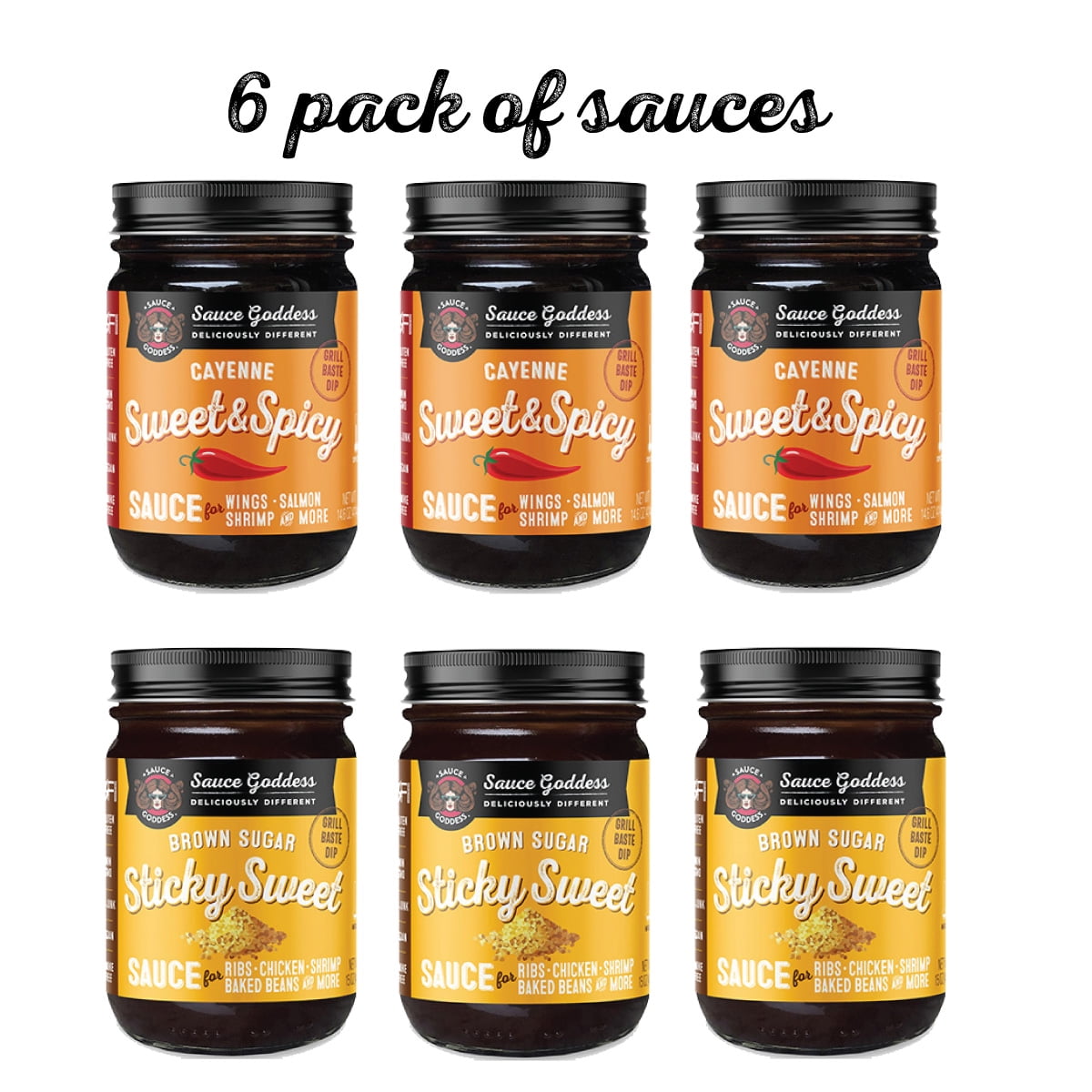 Sauce Goddess 6 Pack Sauces - Sweet & Spicy (3 jars) and Sticky Sweet ...